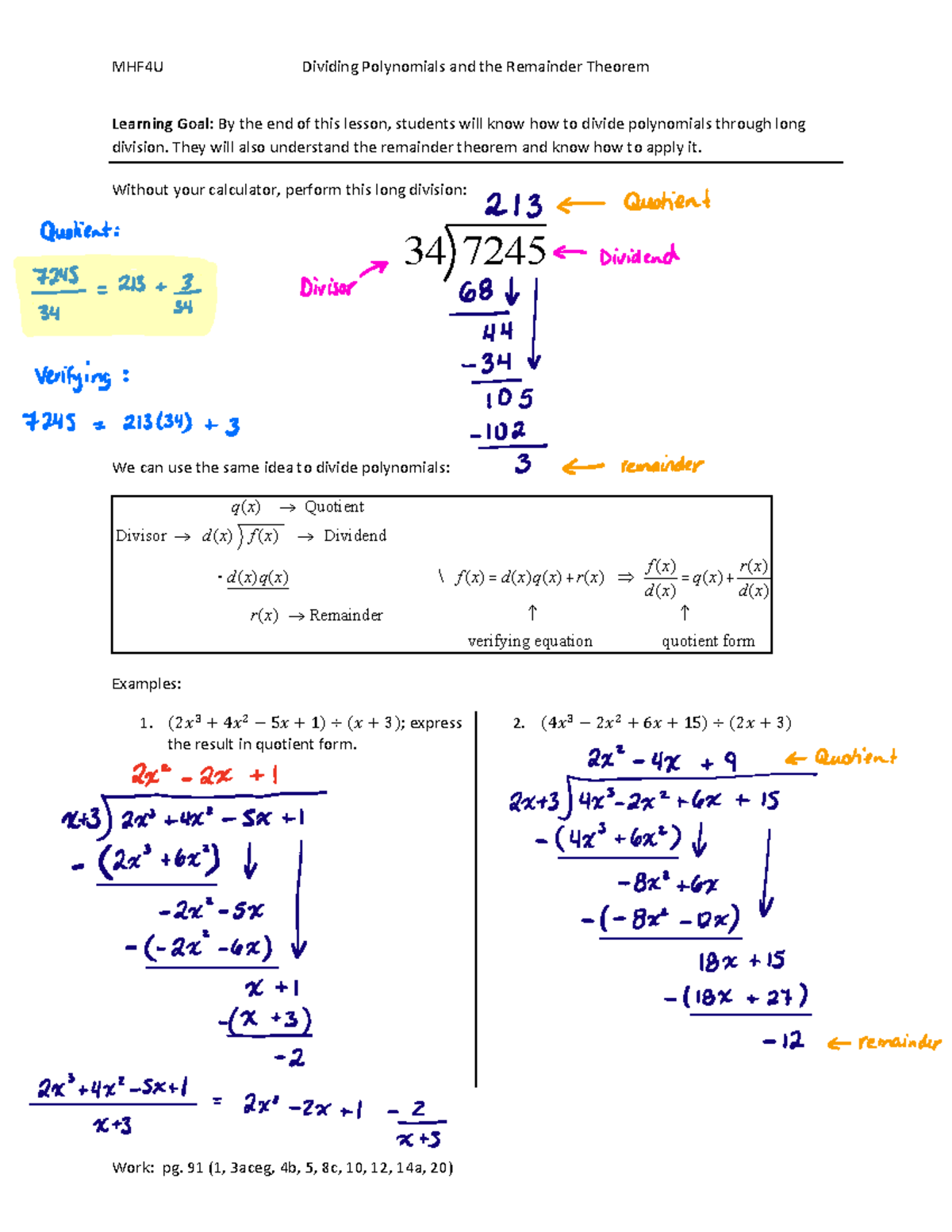 1 Dividing Polynomials and Remainder Theorem - Warning: TT: undefined function: 32 MHF4U ...