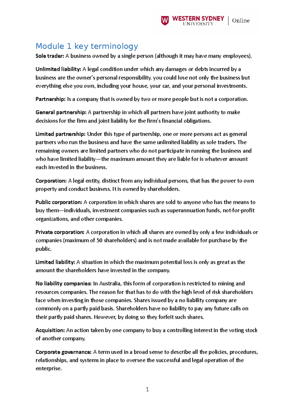 Module 1 key terminology - Module 1 key terminology Sole trader: A ...