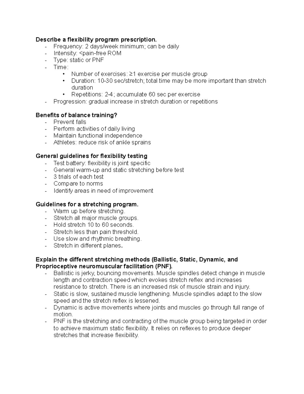 Exercise Testing - Exam 4 Study Guide - Describe a flexibility program ...