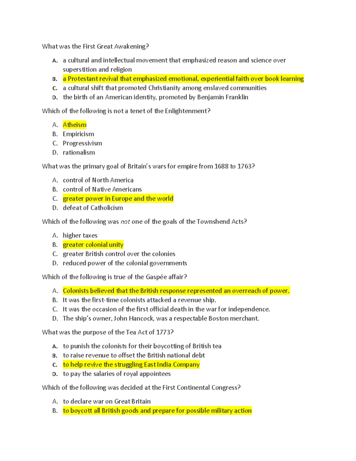 Hist Exam 2 guide - What was the First Great Awakening? A. a cultural ...