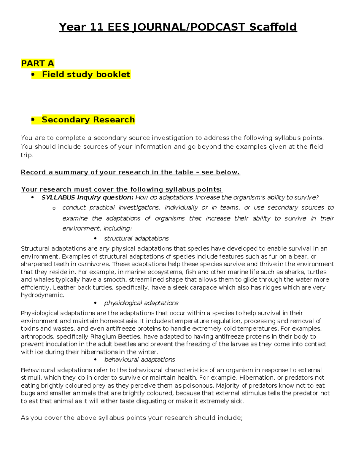 2024 Year 11 BIO AT - Year 11 EES JOURNAL/PODCAST Scaffold PART A Field ...