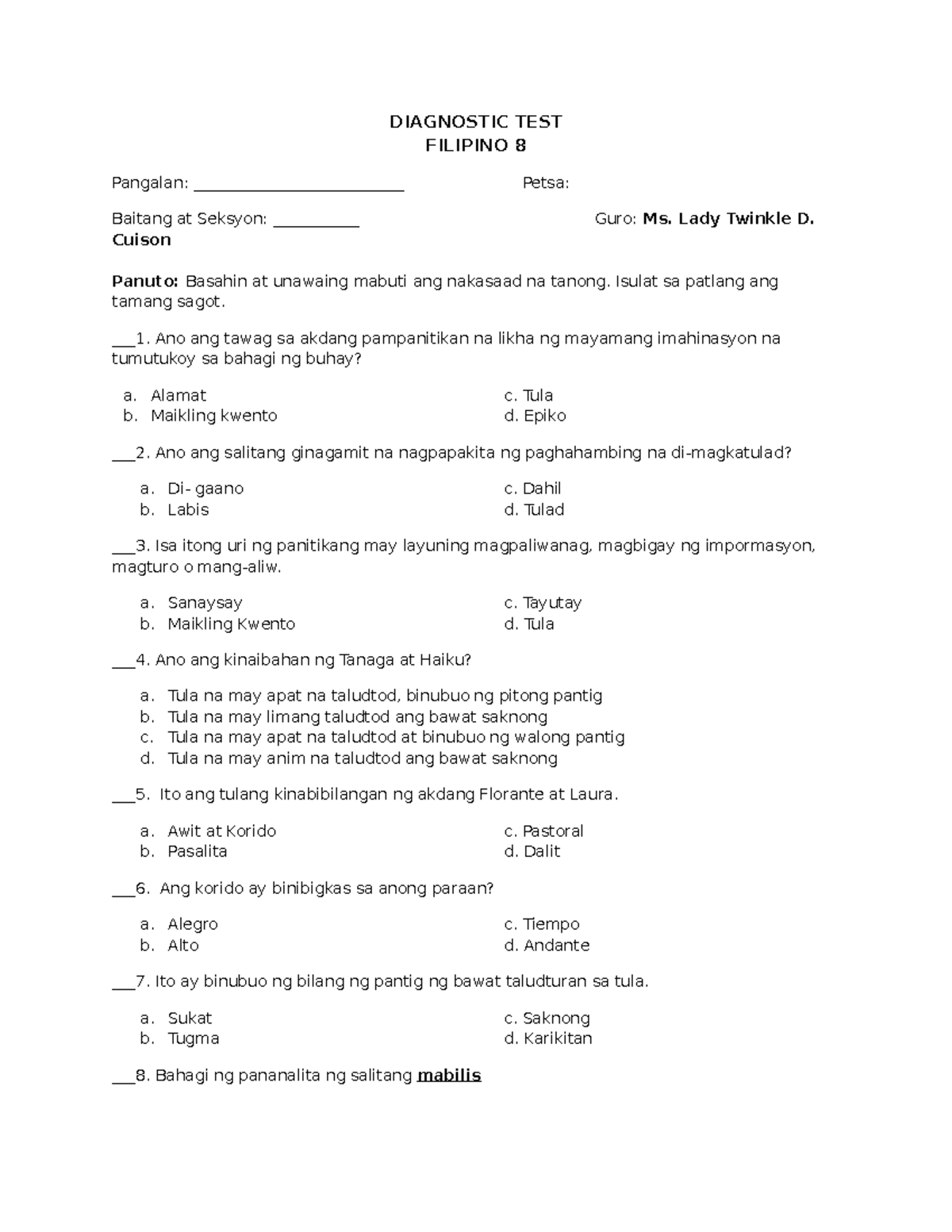 Diagnostic TEST Filipino 8 - DIAGNOSTIC TEST FILIPINO 8 Pangalan