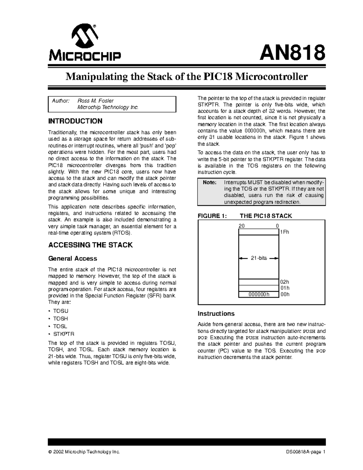 Manipulating the stack of PIC18 microcontroller - 2002 Microchip Technology Inc. DS00818A-page 1 ...