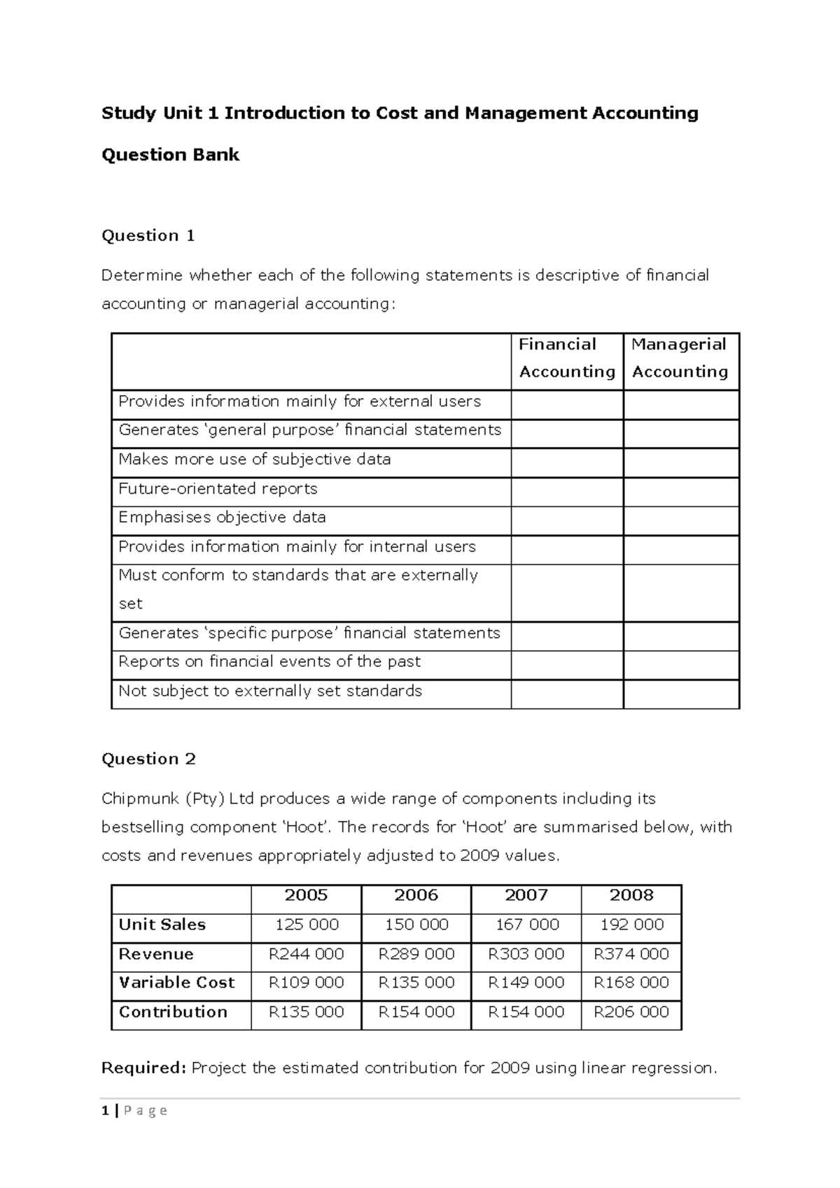Study Unit 1 Introduction to Cost Accounting Question Bank - Study Unit 1 Introduction to Cost ...