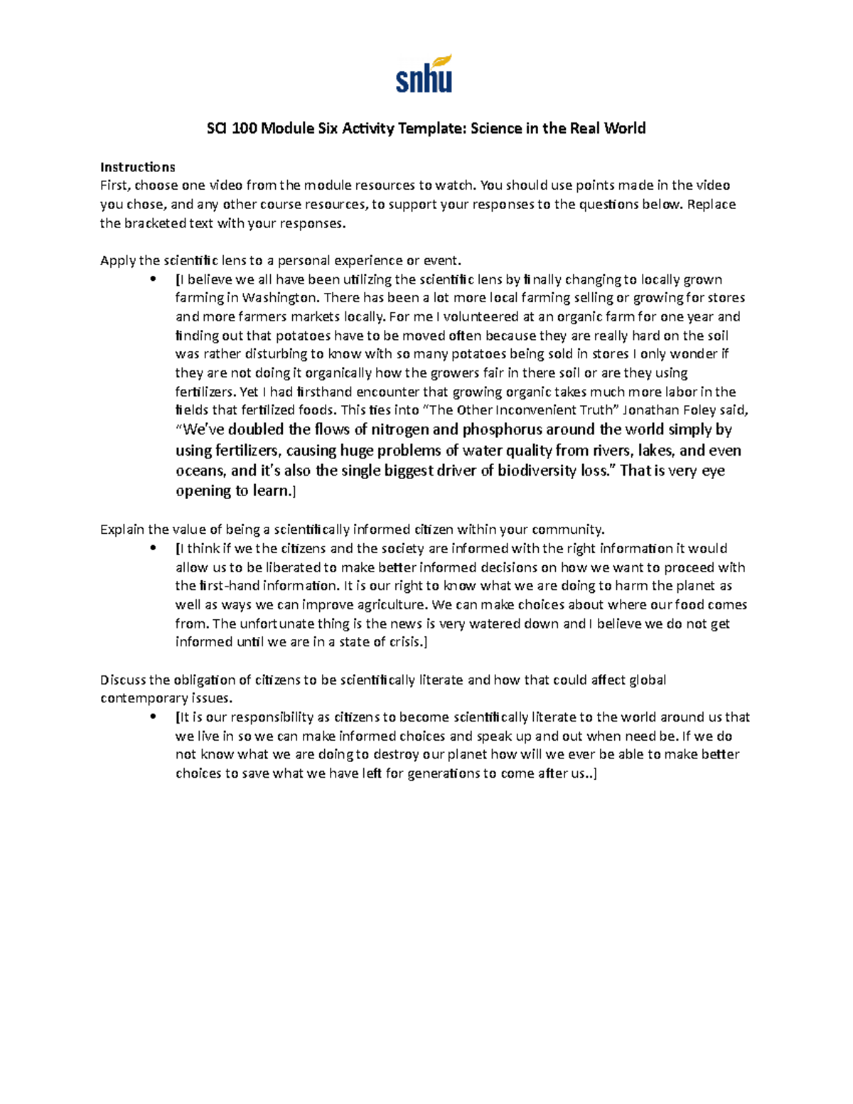 SCI 100 Module Six Activity Template - You should use points made in ...