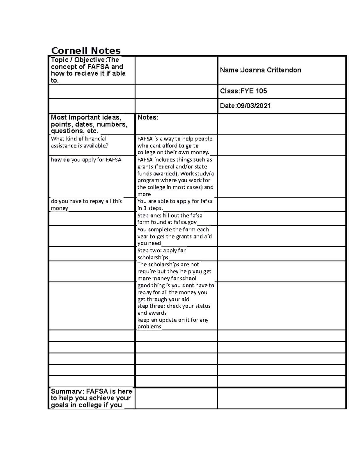 Financial aid notes 2021-2022 school year - Cornell Notes Topic ...