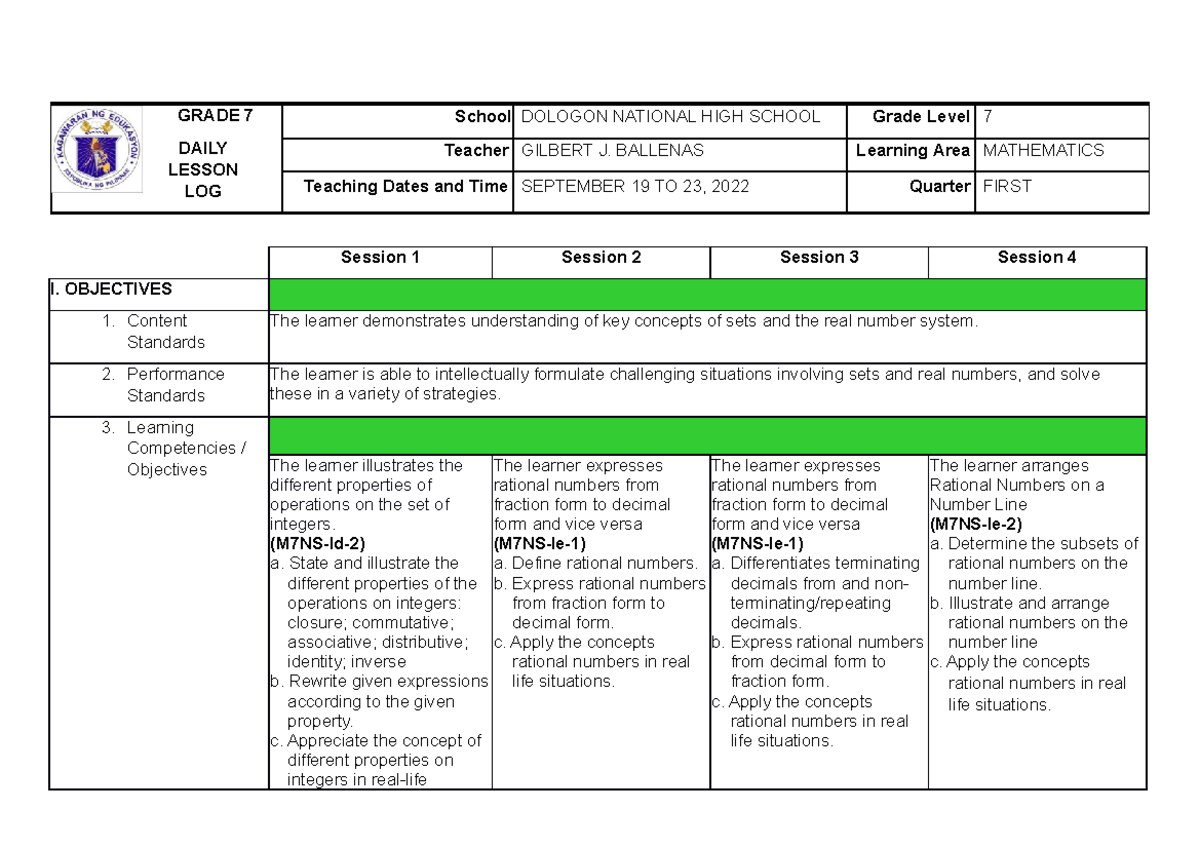 WEEK-5 - LESSON PLAN IN MATHEMATICS 7 DAILY LESSON PLAN FOR THE FIRST ...