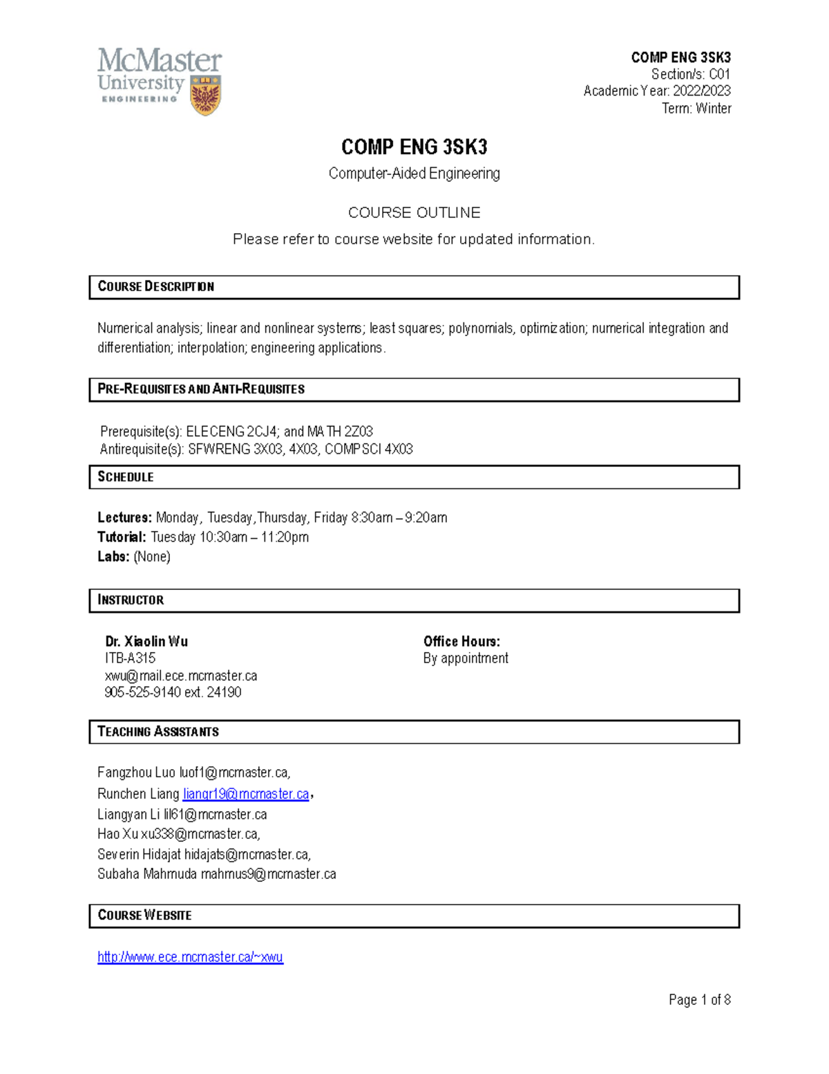 Comp Eng 3SK3 Outline 2023 - Section/s: C Academic Year: 2022/ Term ...