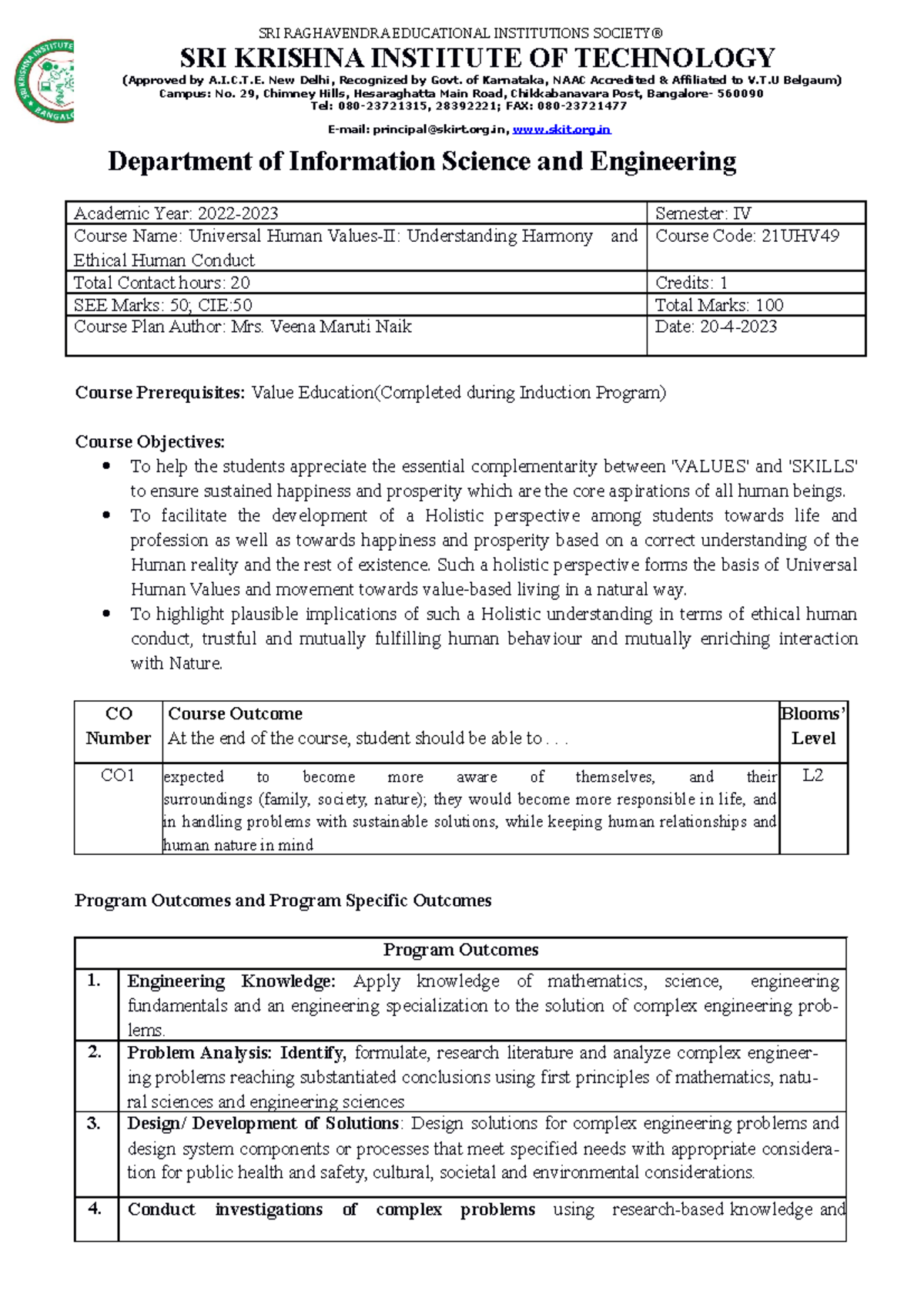Course Handout-UHV-(21UH49) - SRI RAGHAVENDRA EDUCATIONAL INSTITUTIONS ...