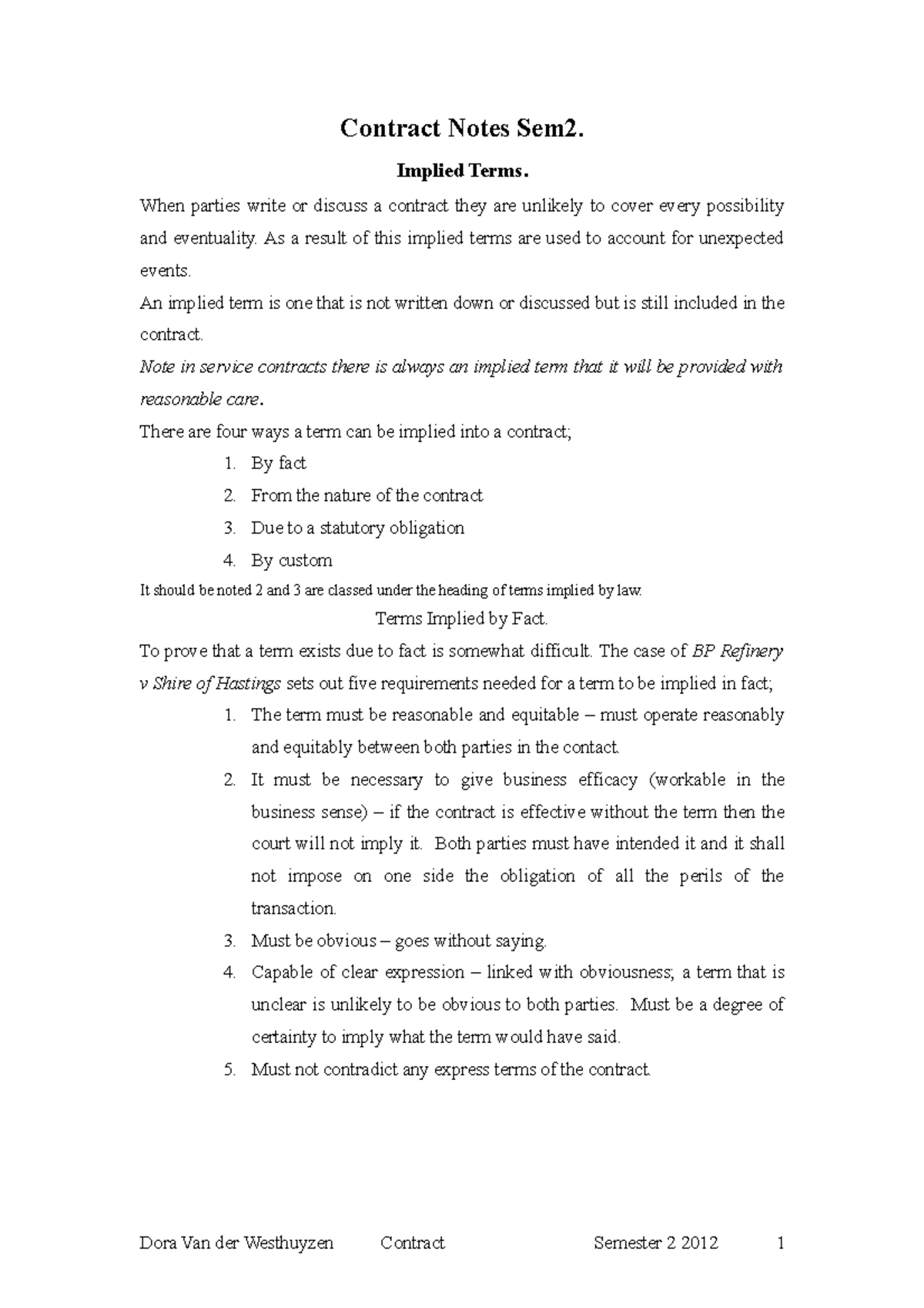 Contract Notes Sem2 - Implied Terms. When parties write or discuss a ...
