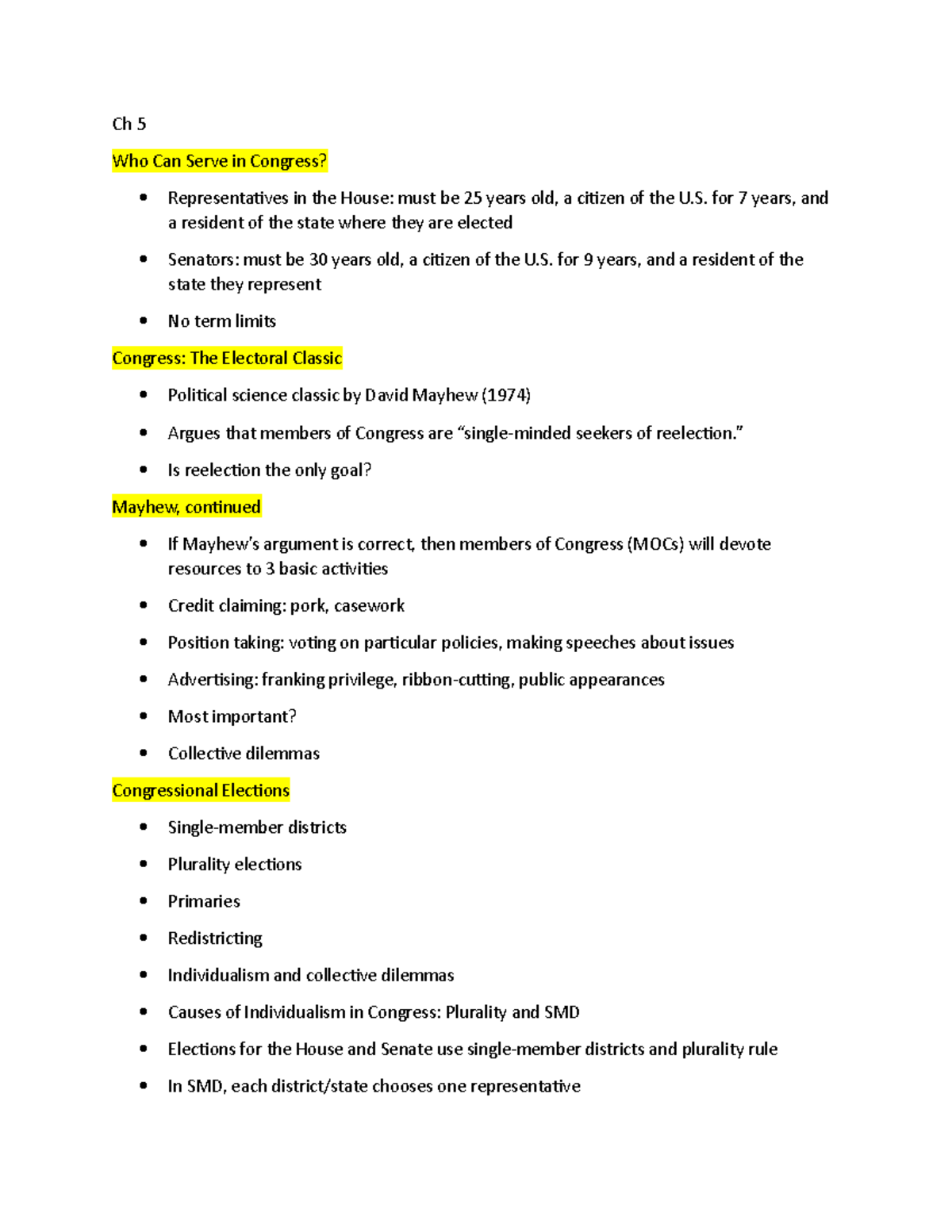 PLSC CH 5 - CH 5 notes - Ch 5 Who Can Serve in Congress ...