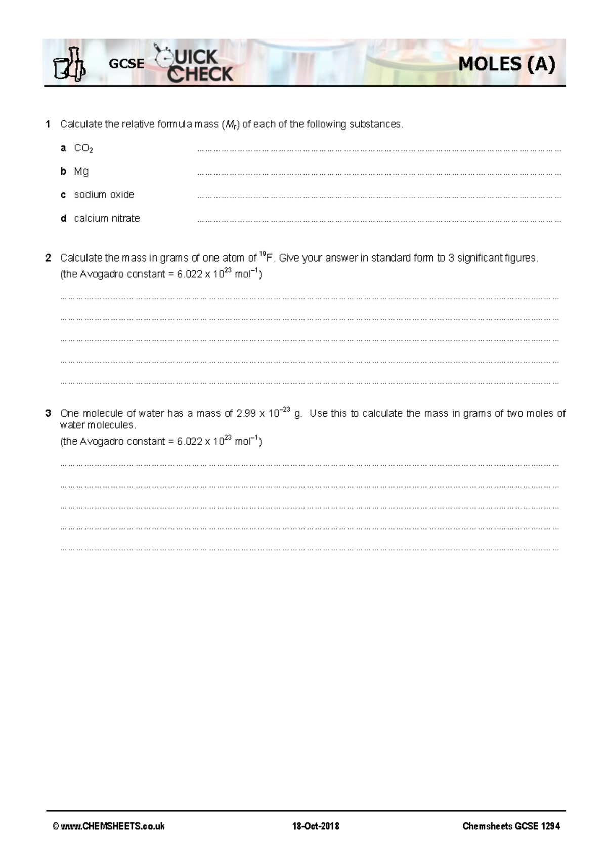 QC-Moles-A - Chemistry - © CHEMSHEETS.co 18 - Oct- 2018 Chemsheets GCSE ...