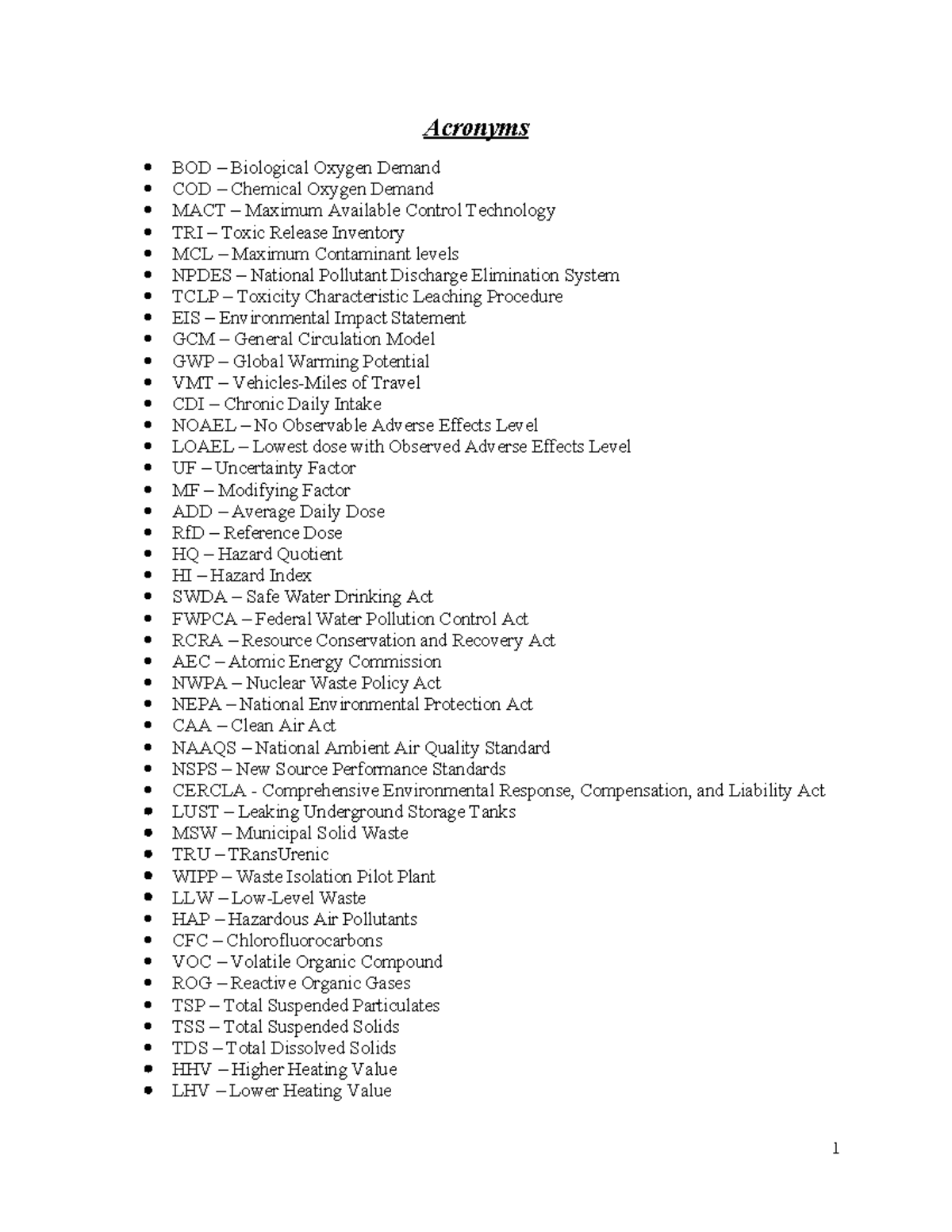 Acronyms - Acronyms BOD – Biological Oxygen Demand COD – Chemical ...