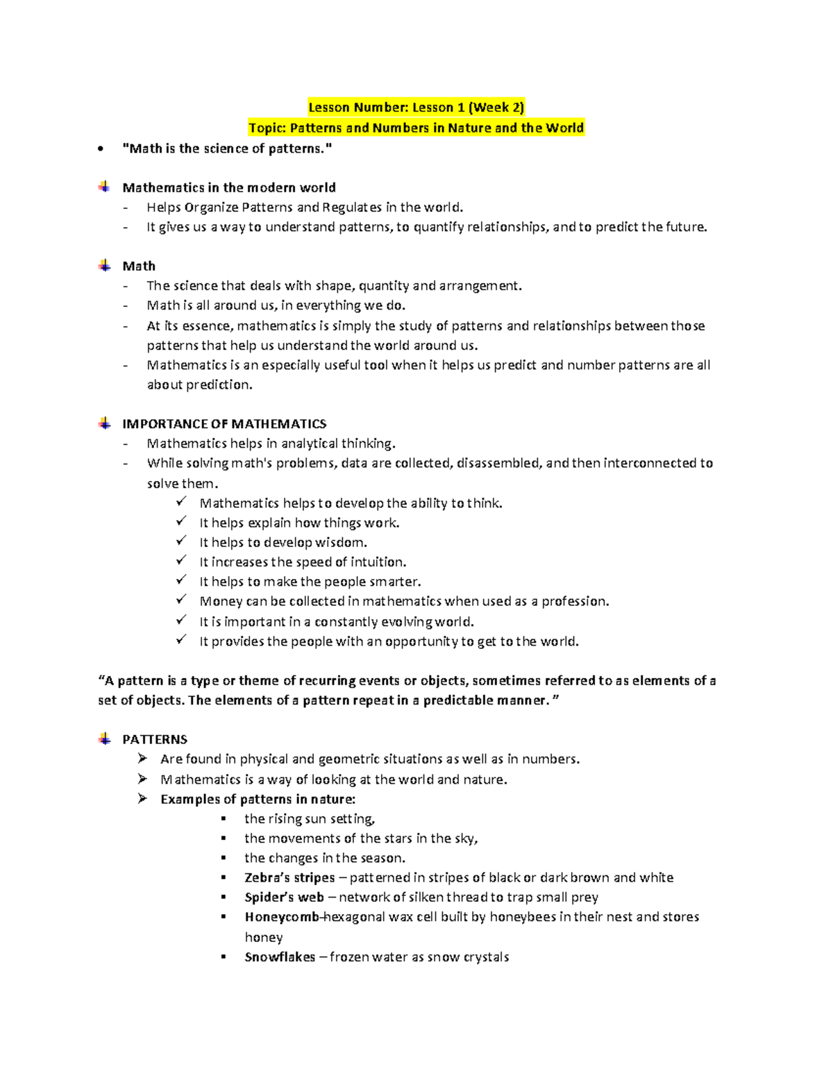 MMW - Midterms - Lesson Number: Lesson 1 (Week 2) Topic: Patterns and Numbers in Nature and the ...