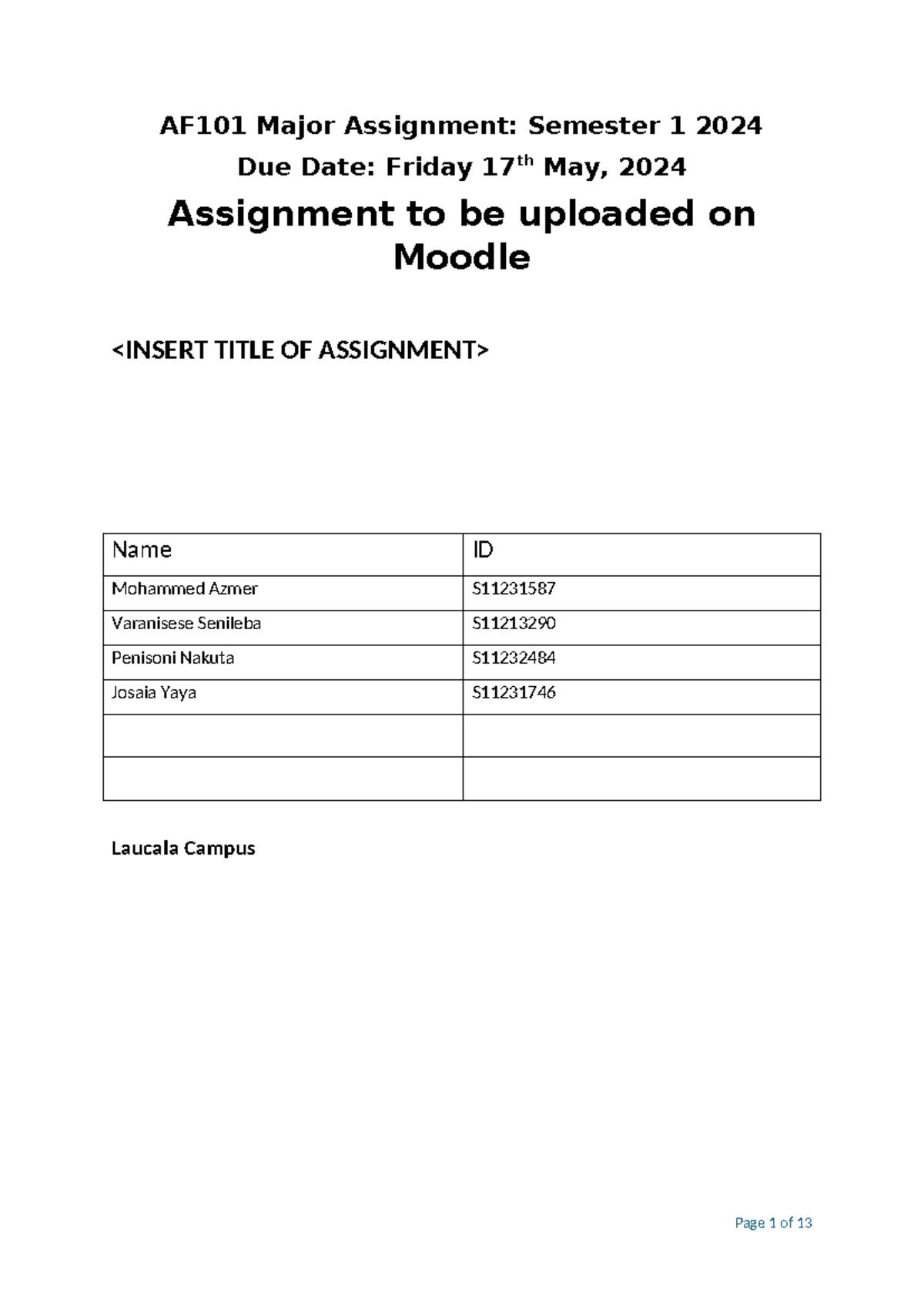 AF101 Major Assignment - I. I/We understand what academic dishonesty ...