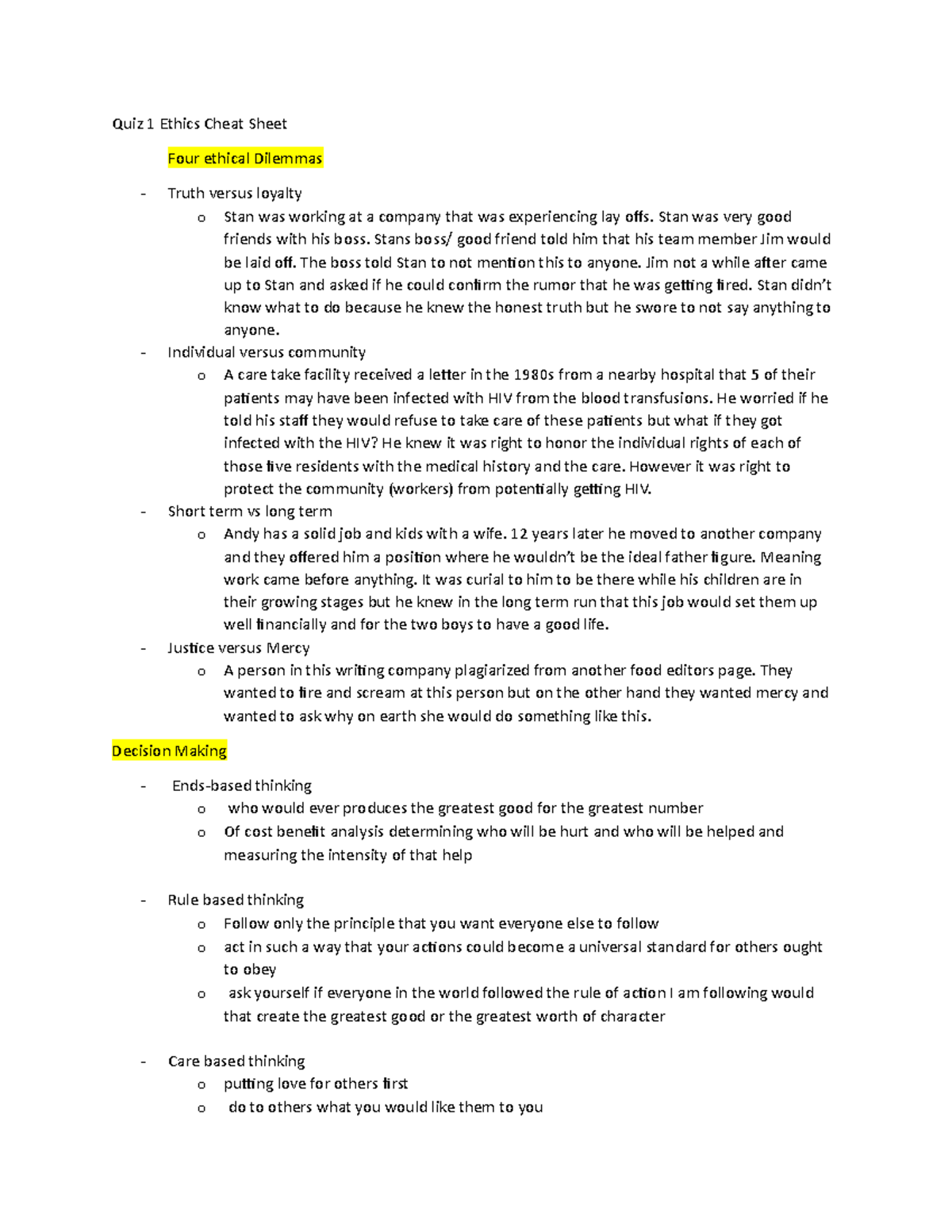 Ethics Study Guide quiz 1 - Quiz 1 Ethics Cheat Sheet Four ethical ...