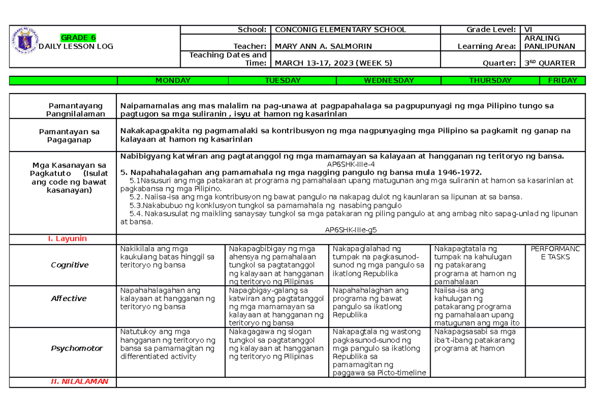 DLL Araling Panlipunan 6 Q3 W5 - GRADE 6 DAILY LESSON LOG School: CONCONIG ELEMENTARY SCHOOL ...