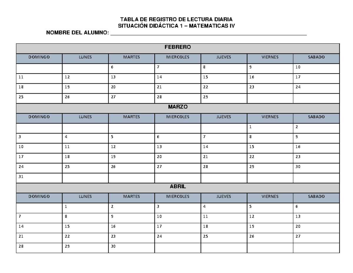 Tabla PARA EL Registro Diario DE Lectura DE LOS Estudiantes - TABLA DE ...