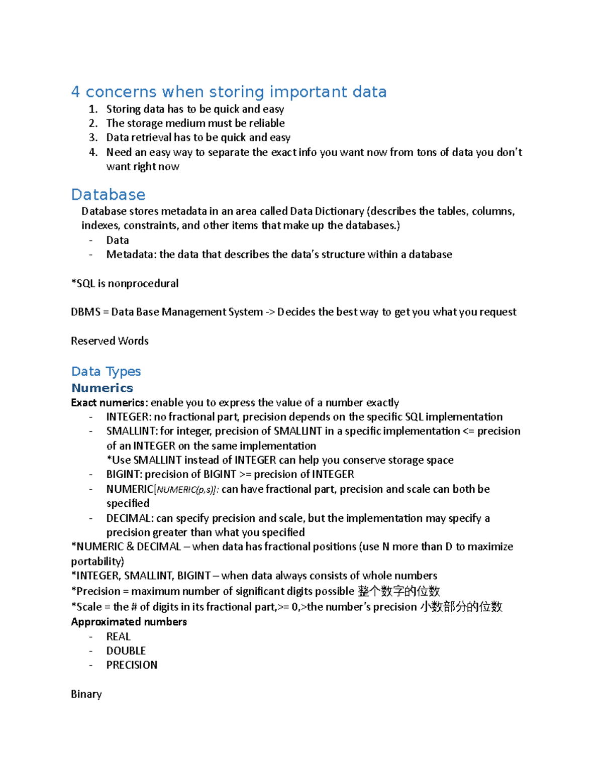 SQL Study Guide - 4 concerns when storing important data Storing data ...
