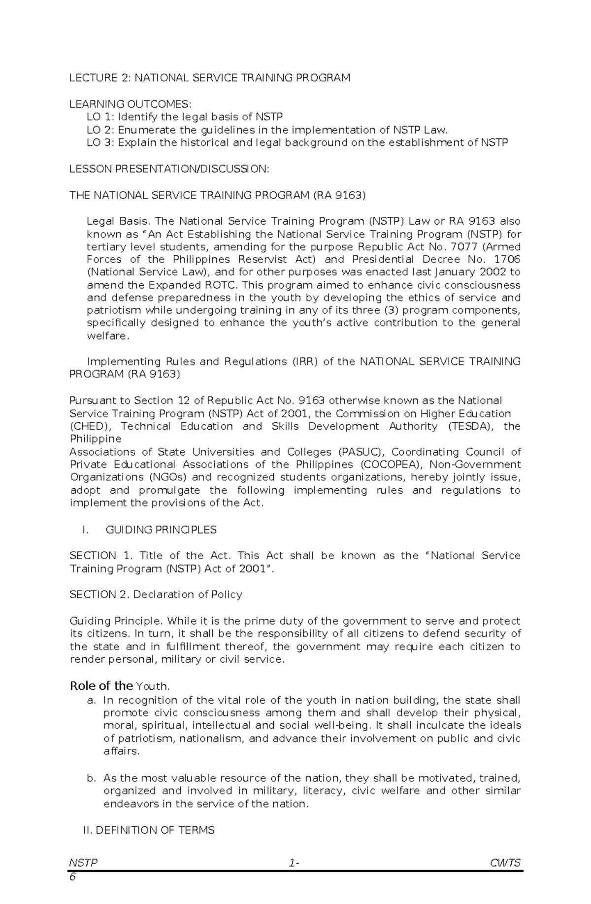 Lecture 2 NSTP Law - Okey - LECTURE 2: NATIONAL SERVICE TRAINING ...