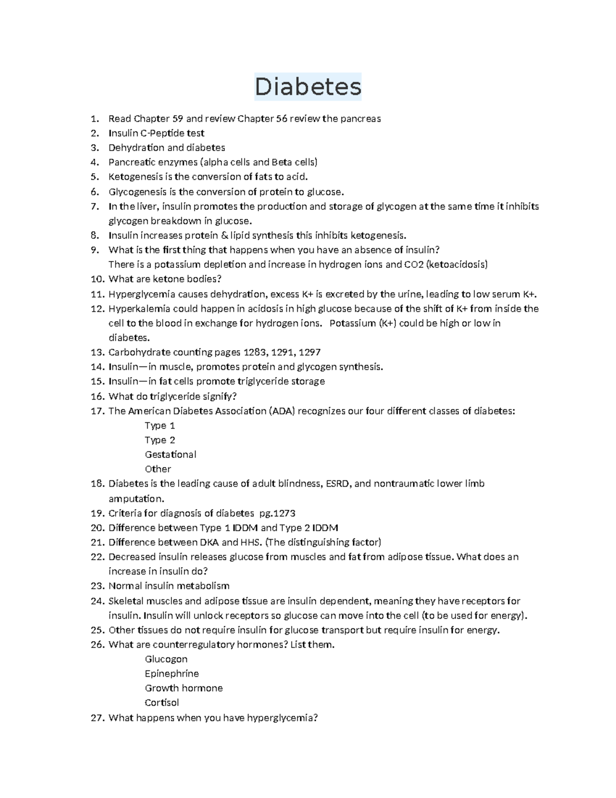 Study Guide Hypertension and Diabetes - Diabetes 1. Read Chapter 59 and ...