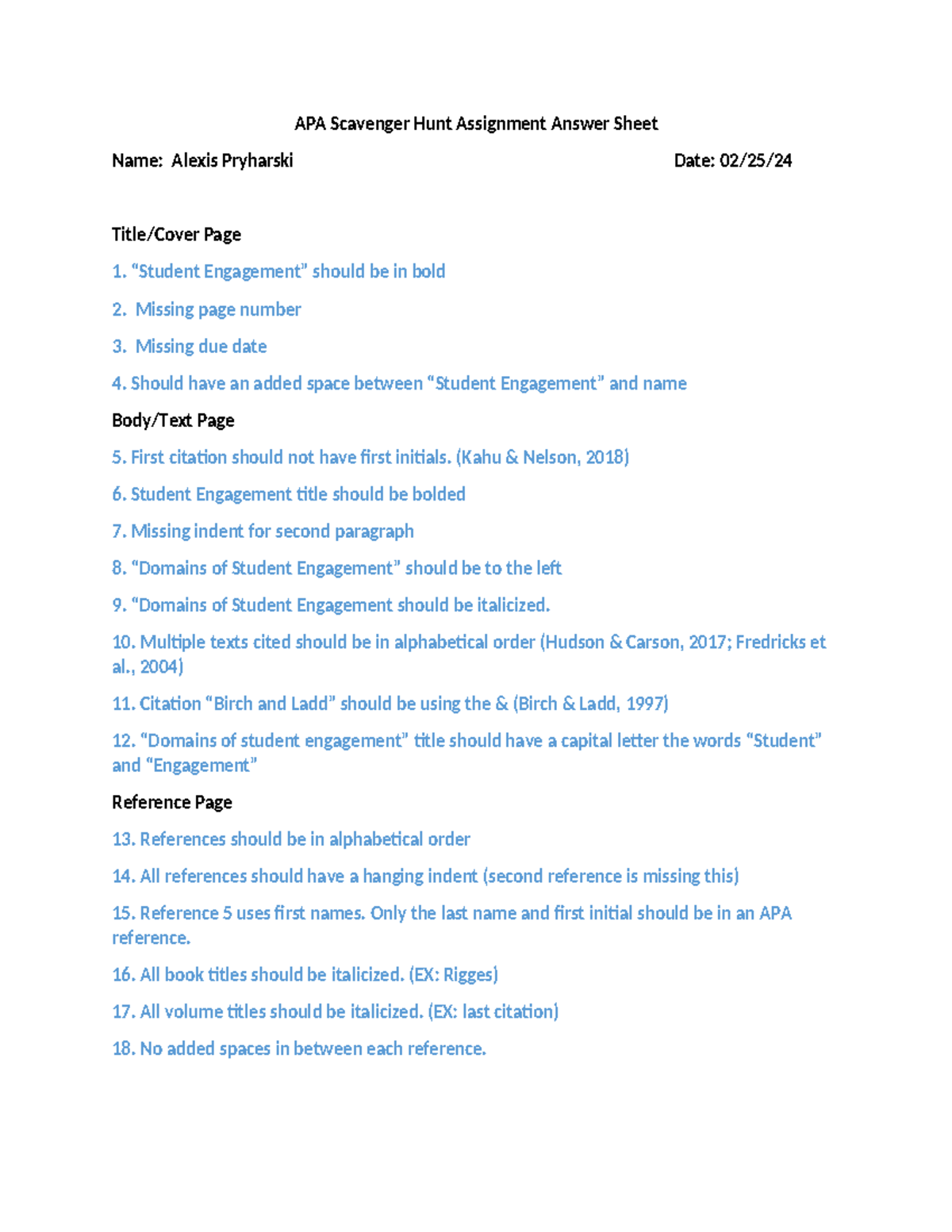 APA Scavenger Hunt Assignment Answer Sheet - (Kahu & Nelson, 2018) Student Engagement title ...