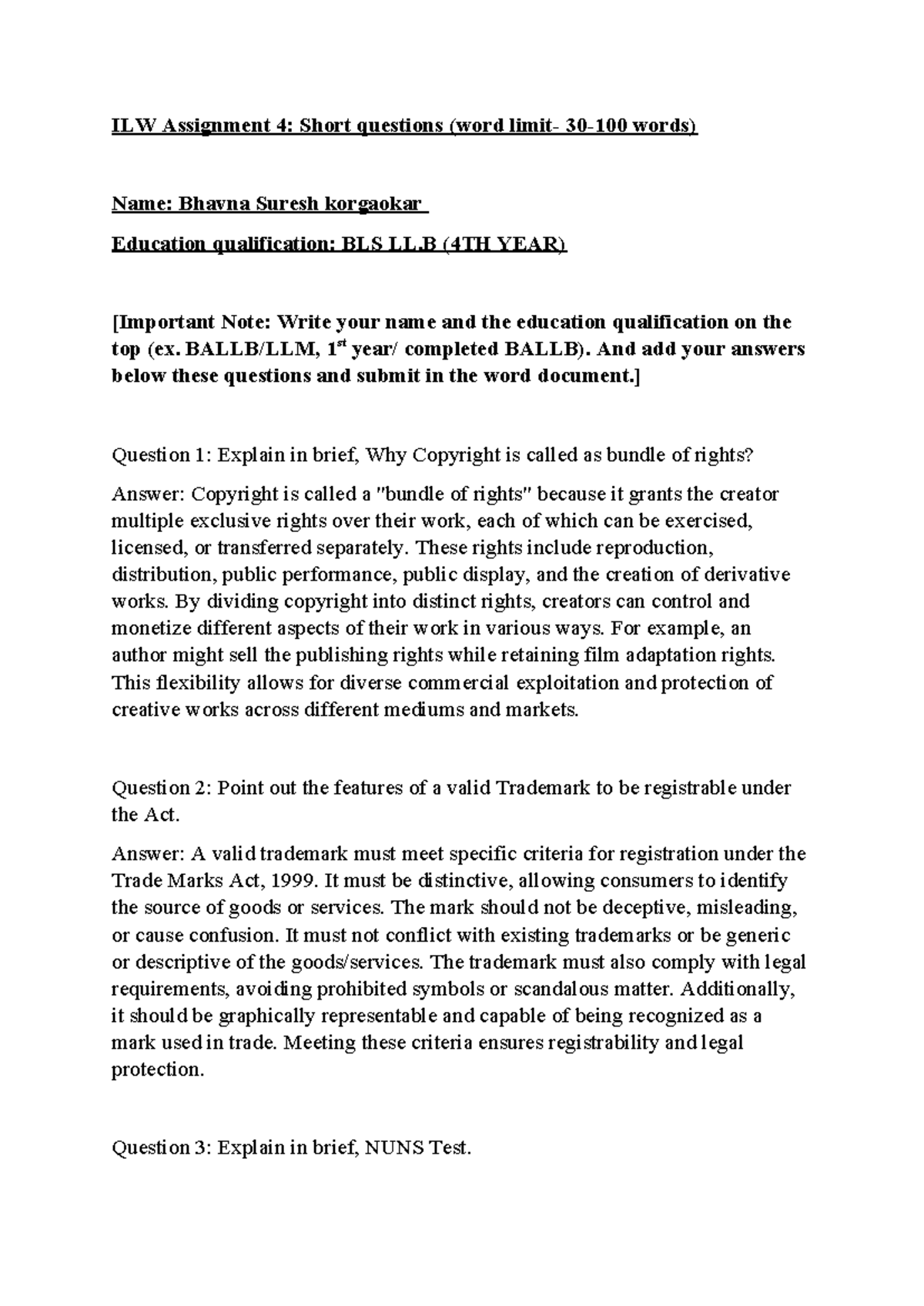 Bhavna Korgaokar's IPR Assignment 4 ILW - ILW Assignment 4: Short questions (word limit- 30-100 ...