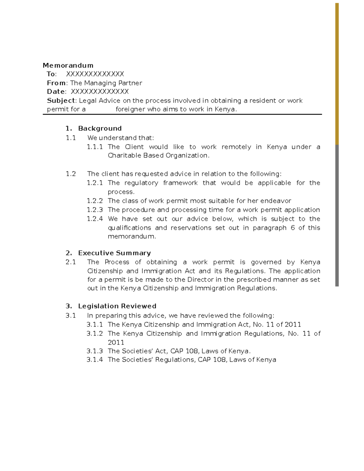 Memorandum - WORK Permit Application 2 - Memorandum To: XXXXXXXXXXXXX ...