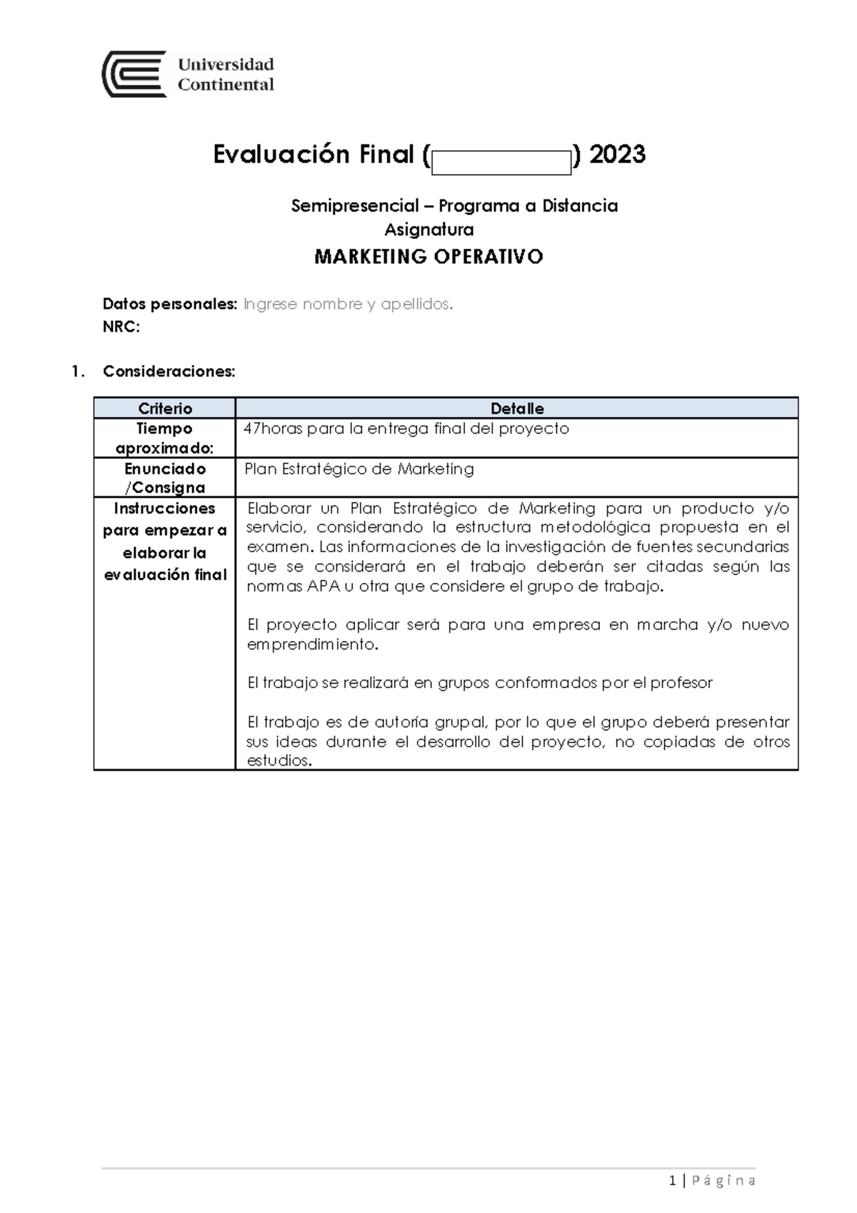 Examen Final Marketing - Evaluación Final ( ) 2023 Semipresencial – Programa a Distancia ...
