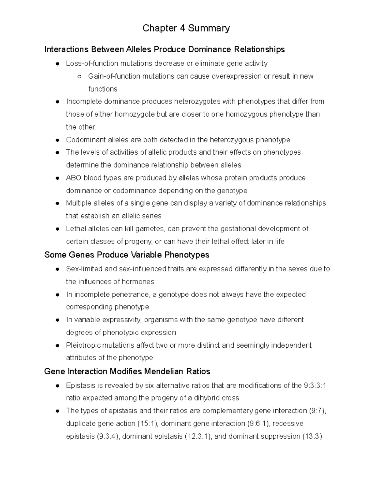 Chapter 4 Summary - Chapter 4 Summary Interactions Between Alleles ...