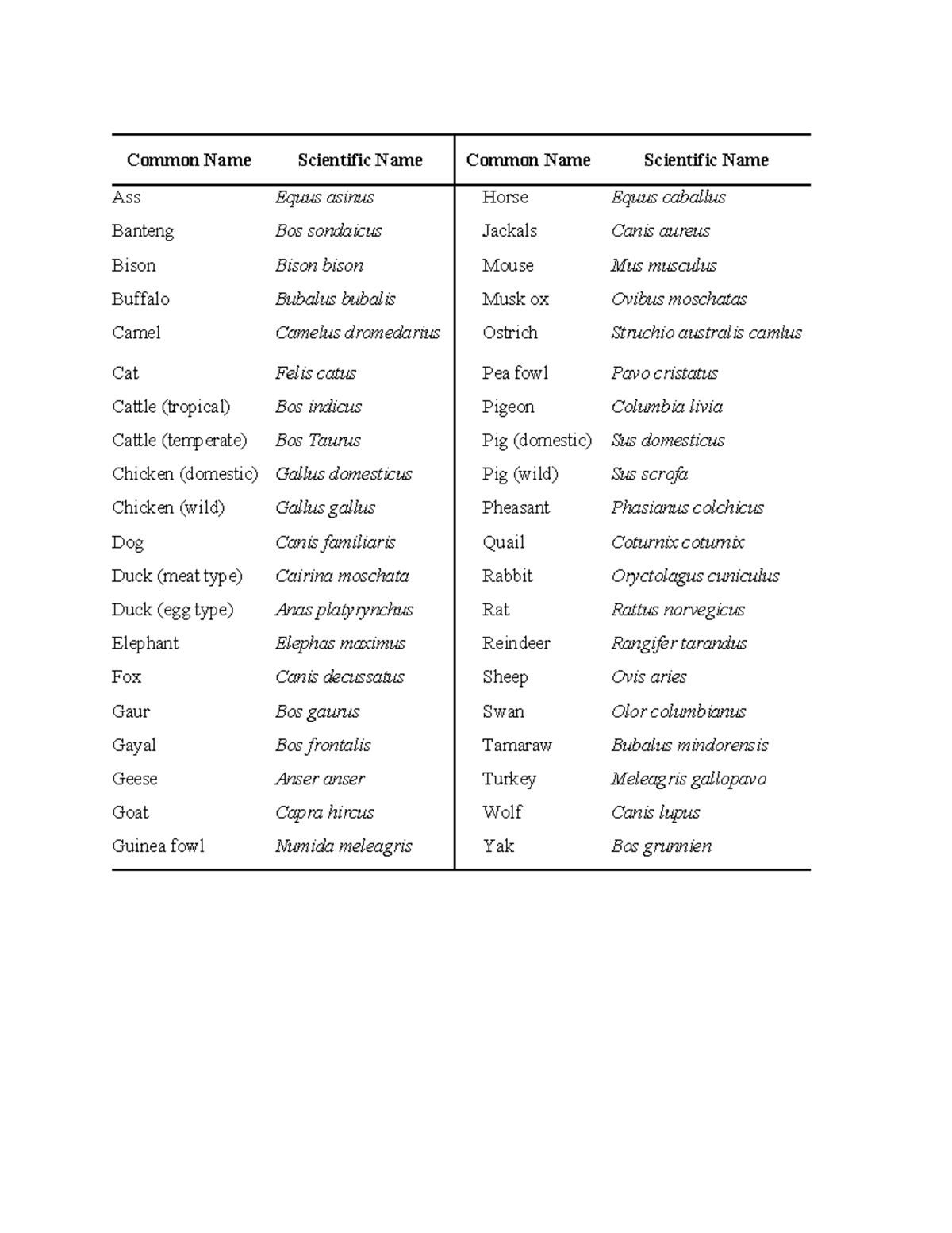 Basic terminologies in Animal Science - Common Name Scientific Name ...