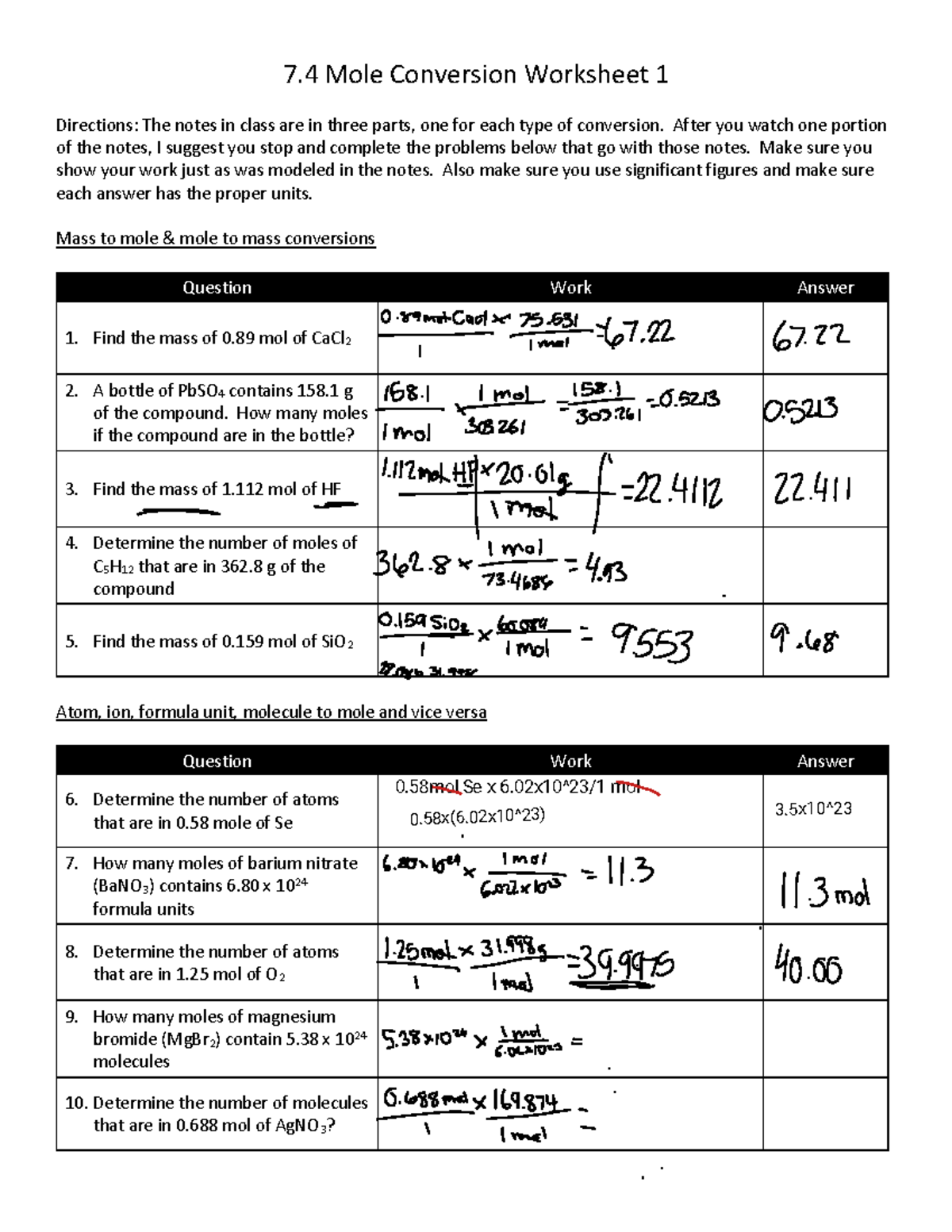 7.5 Mole Conversions WS - 7 Mole Conversion Worksheet 1 Directions: The ...