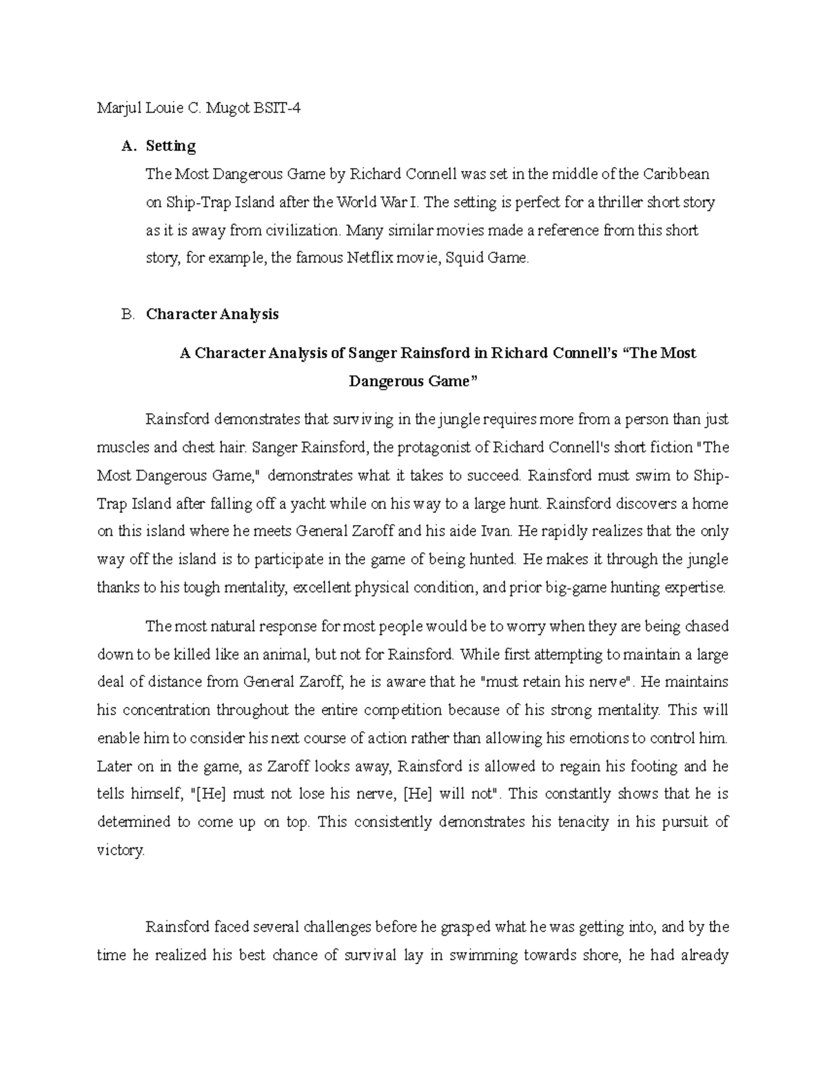 The Most Dangerous Game Analysis - Marjul Louie C. Mugot BSIT- A ...