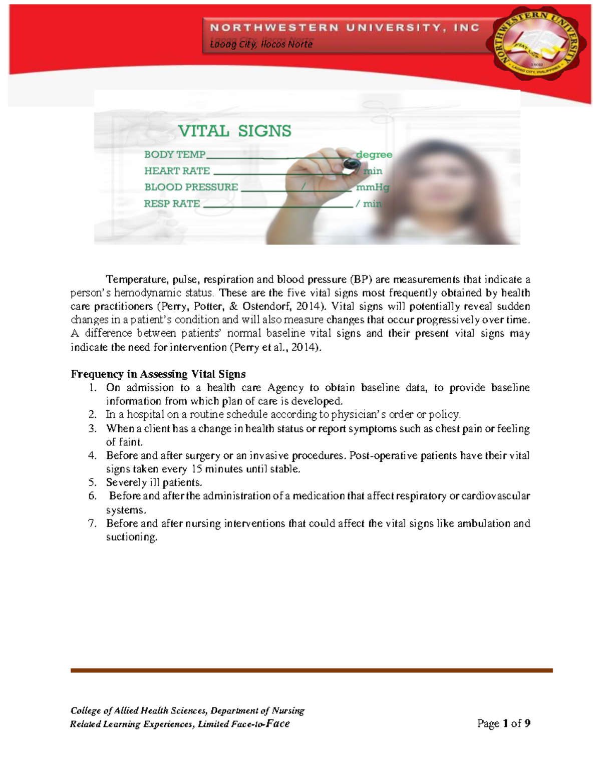 Vital Signs Monitoring - College of Allied Health Sciences, Department ...