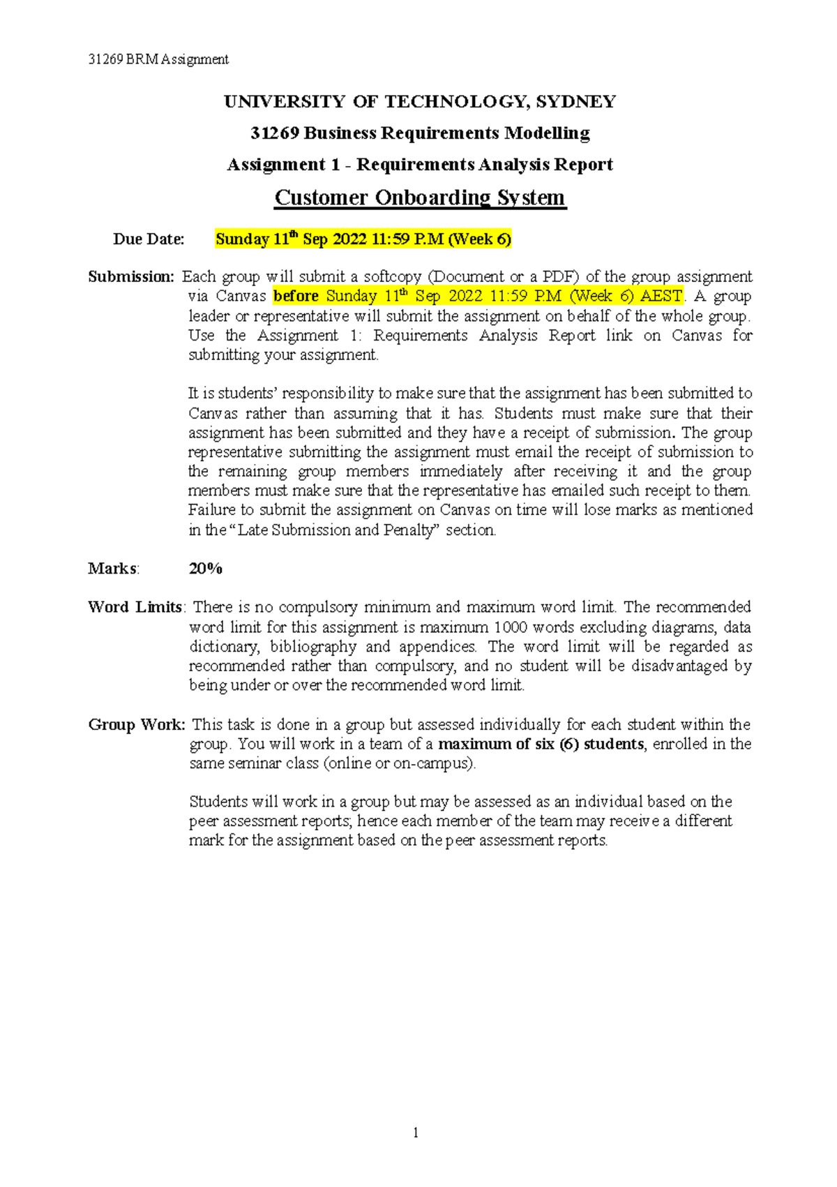 31269+BRM++Assignment - UNIVERSITY OF TECHNOLOGY, SYDNEY 31269 Business Requirements Modelling ...