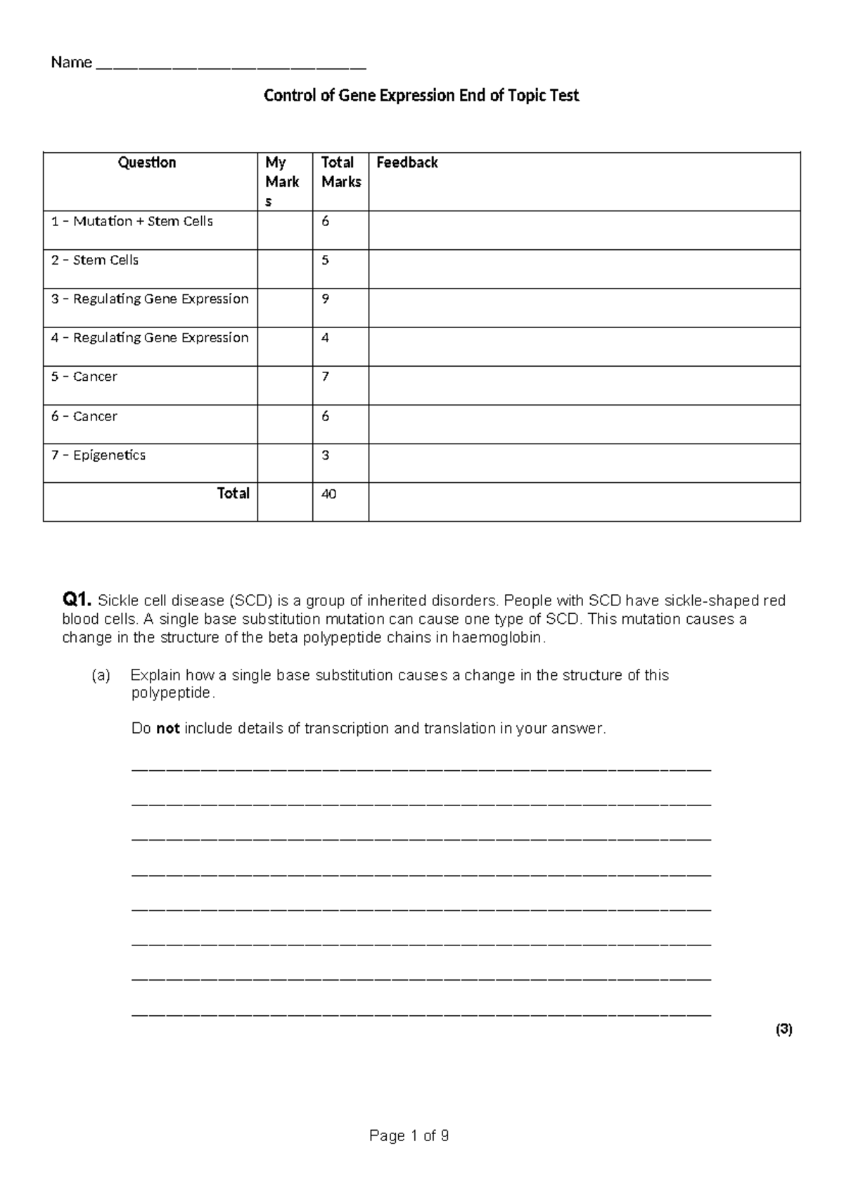 Control of gene expression end of topic test - Name ...