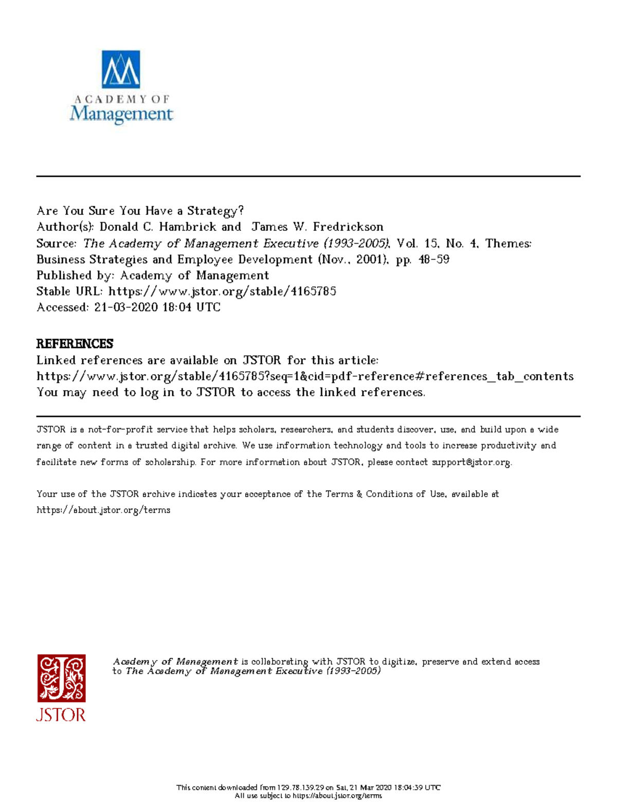 BUSS1000 wk 5 reading - Are You Sure You Have a Strategy? Author(s ...