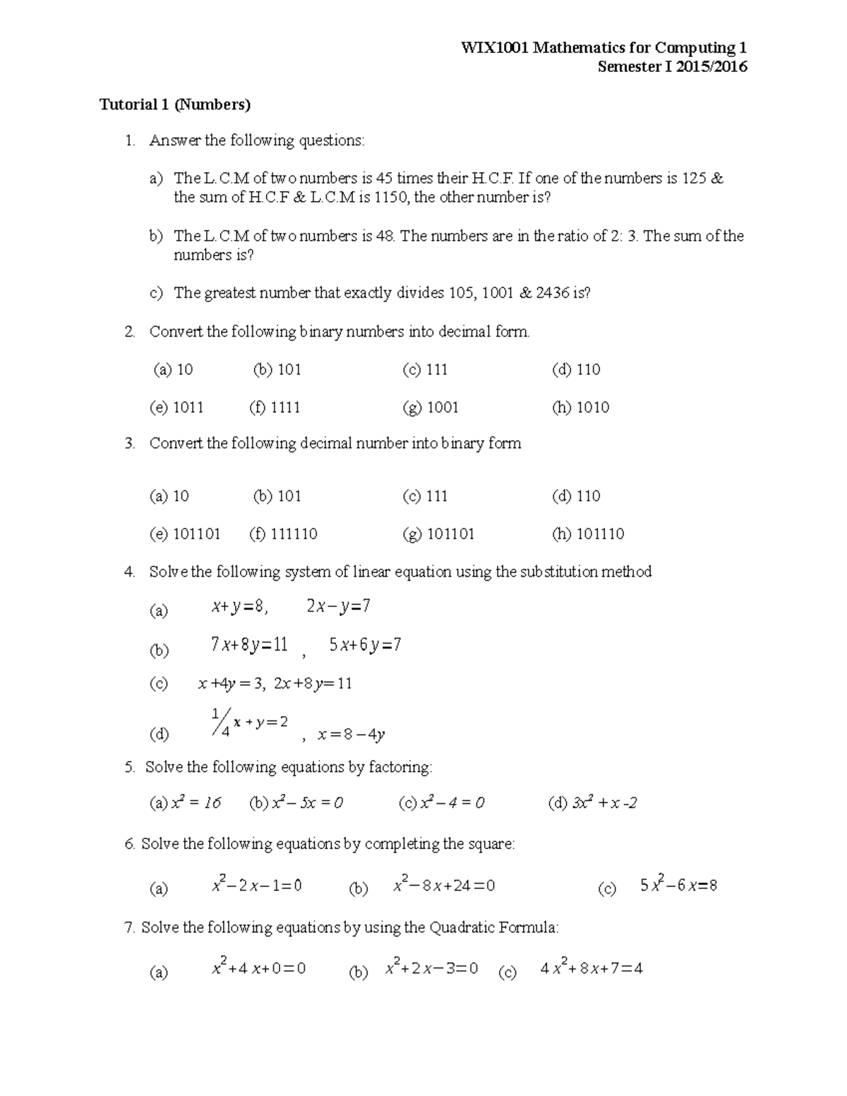 06 W2 Tutorial 1 Questions Wix1001 Mathematics For Computing 1 Semester I 20152016 
