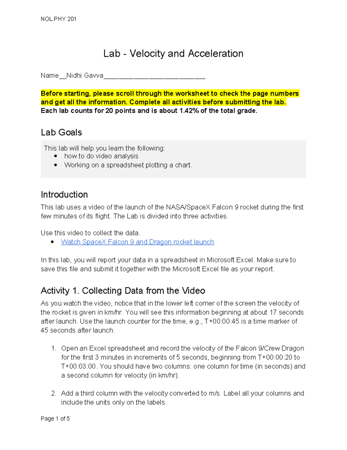 Mod03- Rocket Launch-Gavva - Lab - Velocity and Acceleration Name ...