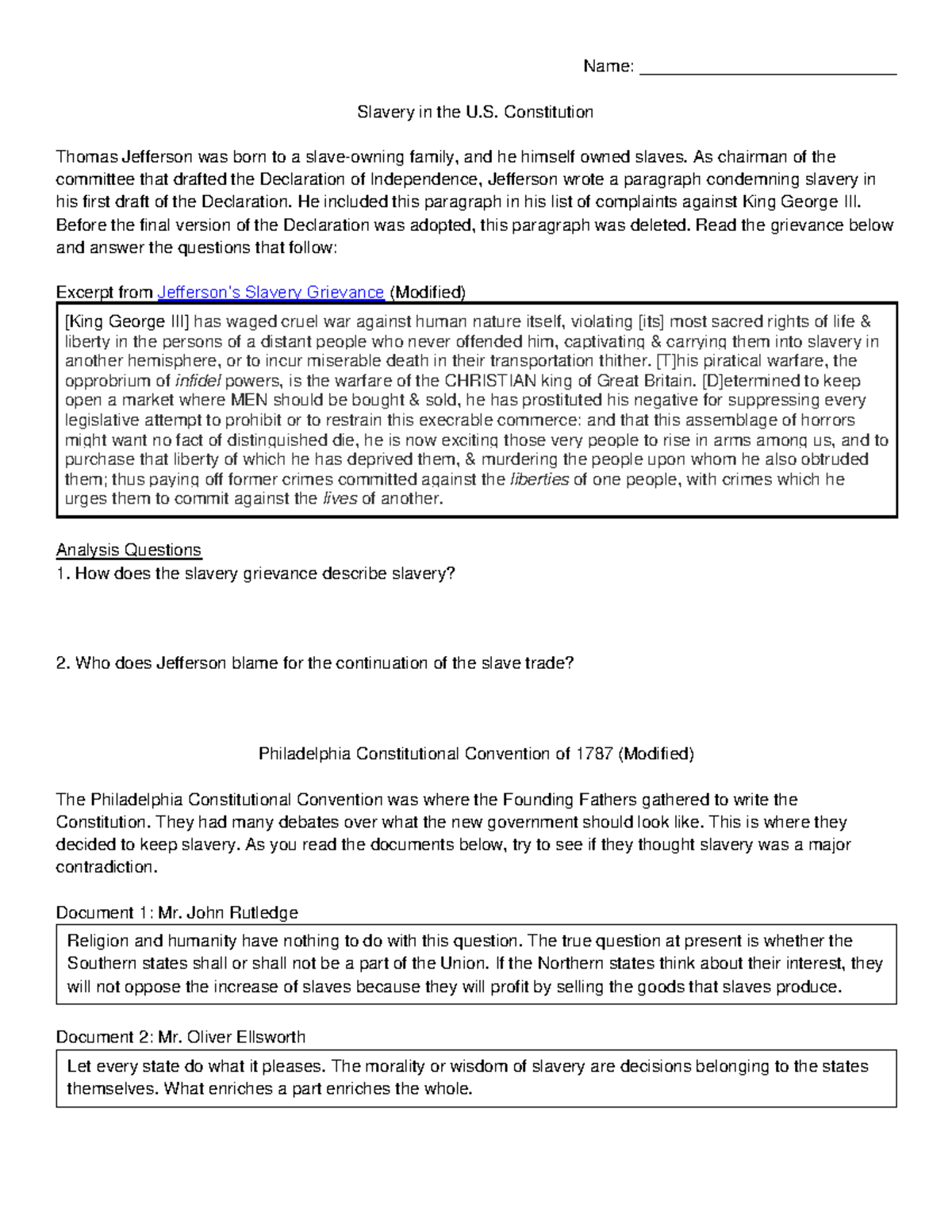 Slavery in the U.S. Constitution - Name ...