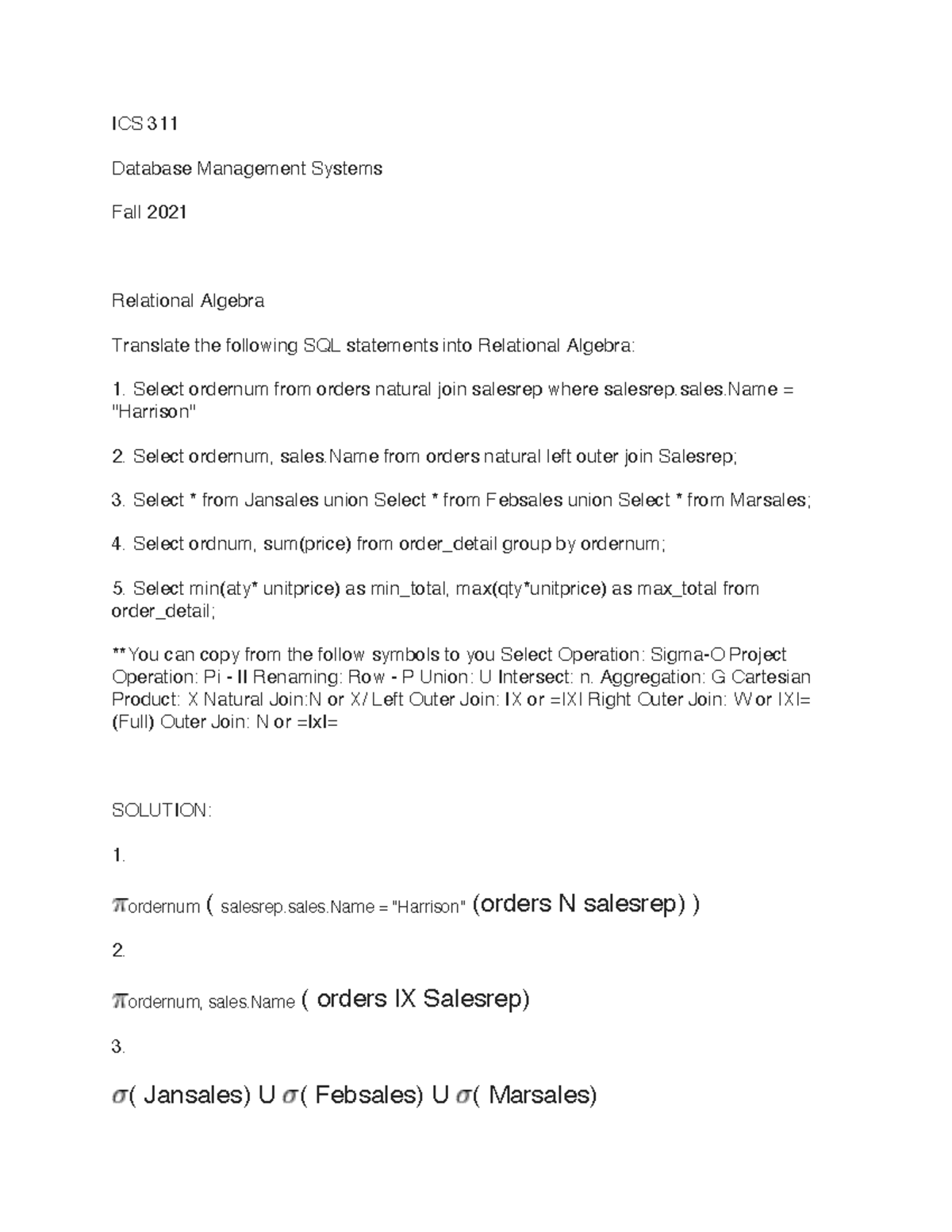 ICS 311 Relational Algebra - ICS 311 Database Management Systems Fall ...