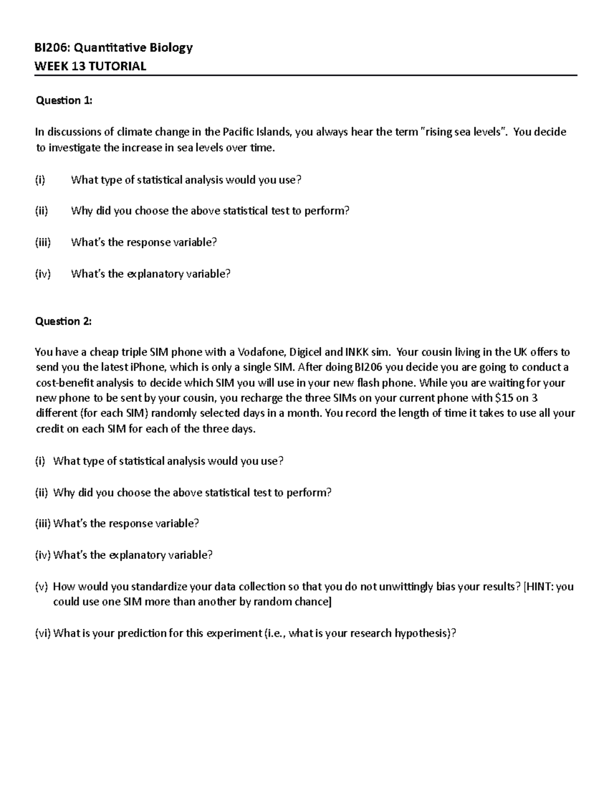 BI206 Tutorial 11 - BI206: Quantitative Biology WEEK 13 TUTORIAL ...