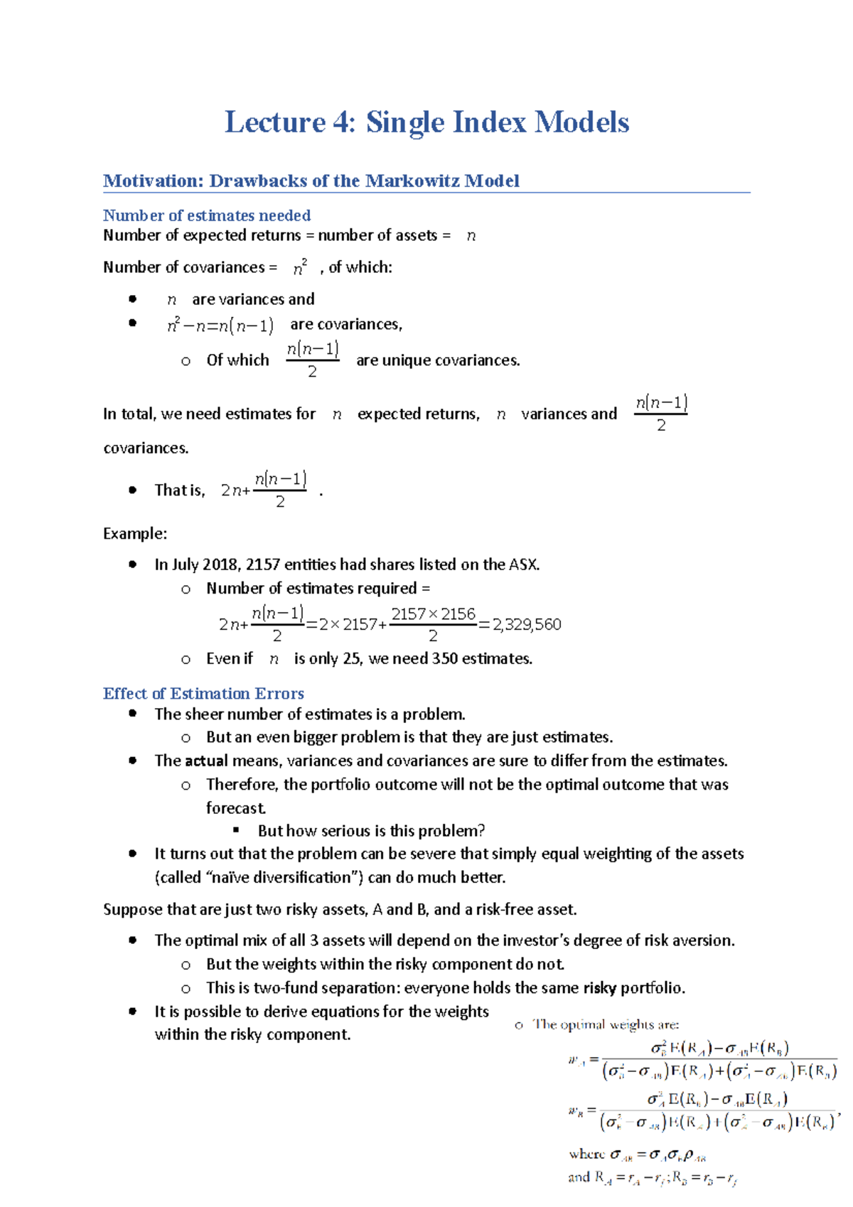 Single Index Models Lecture 4 Single Index Models Motivation Drawbacks Of The Markowitz