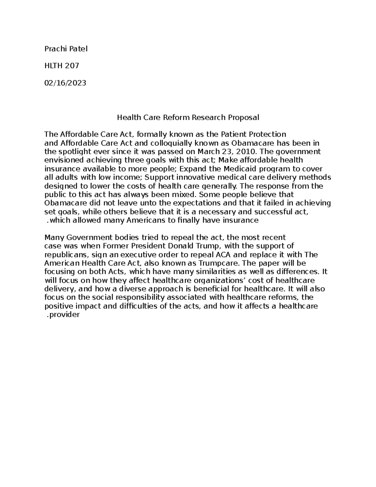 Health care reform proposal - Prachi Patel HLTH 207 02/16/ Health Care ...