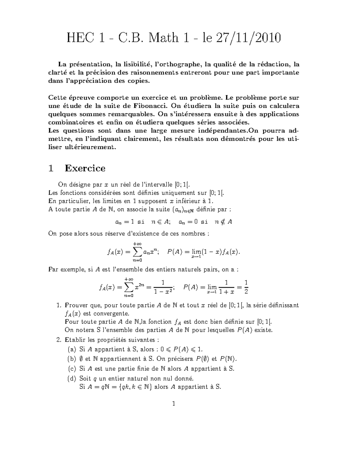 CB math 1 - Concours blanc de maths - HEC 1 - C. Math 1 - le 27/11/ La pr ́esentation, la ...