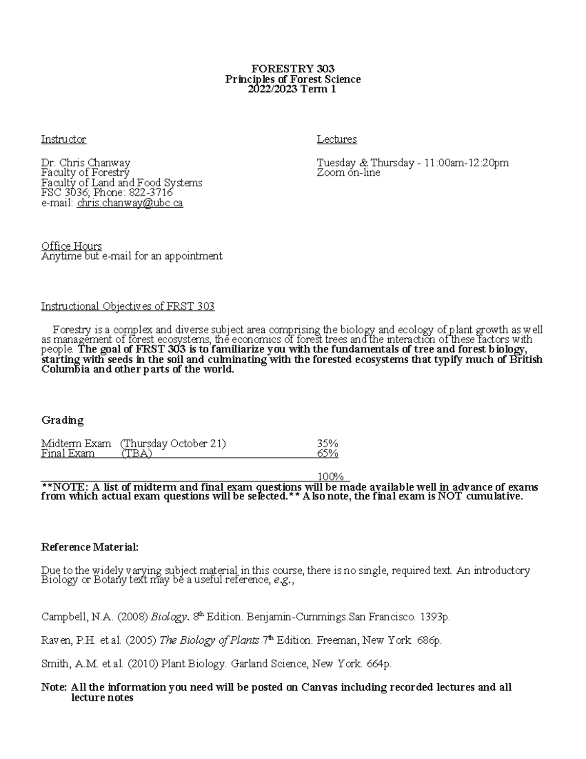 FRST 303 2022 Syllabus - Summary Principles Of Forest Science ...