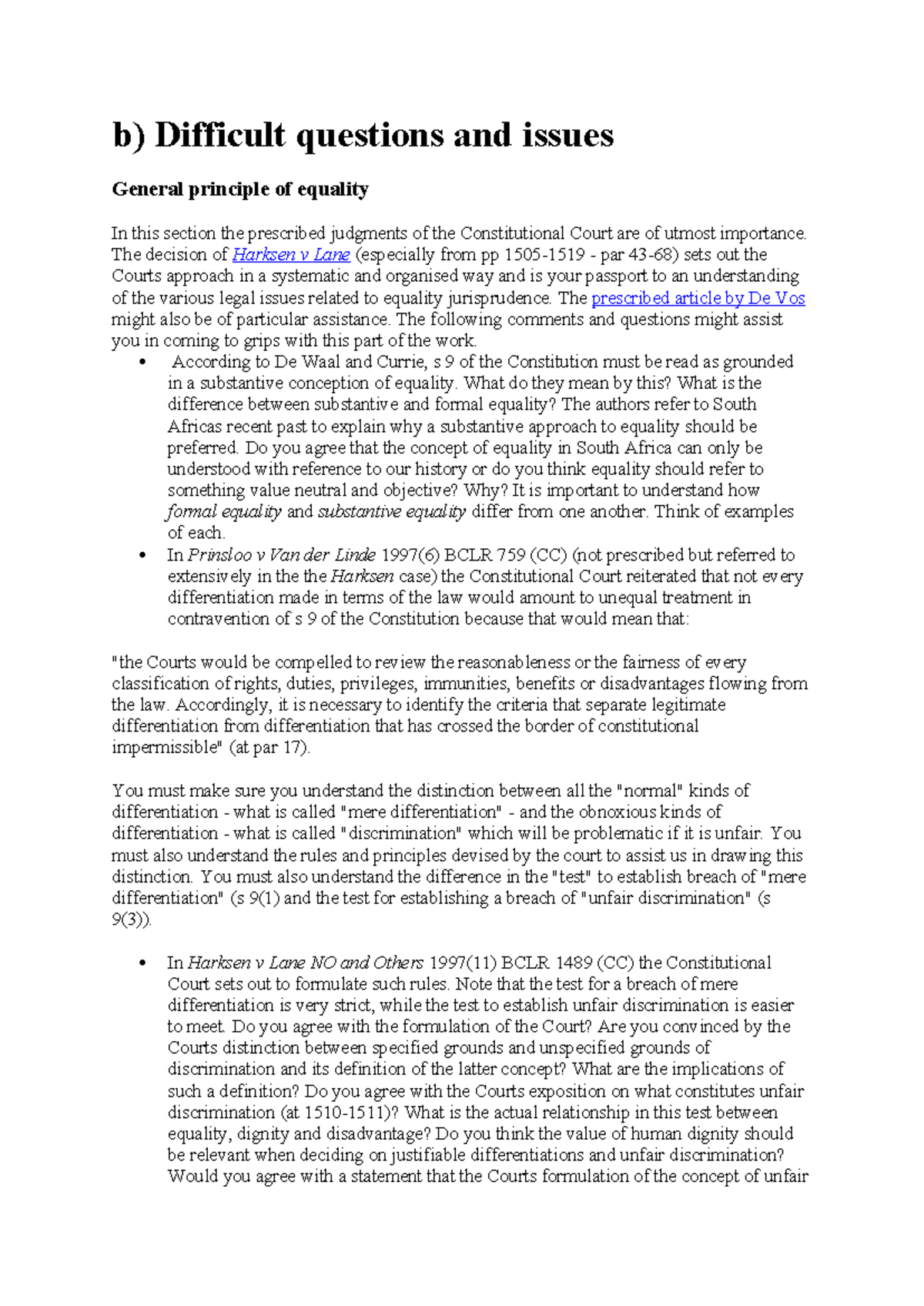 FUR2601-harksen summary-1 - b) Difficult questions and issues General ...