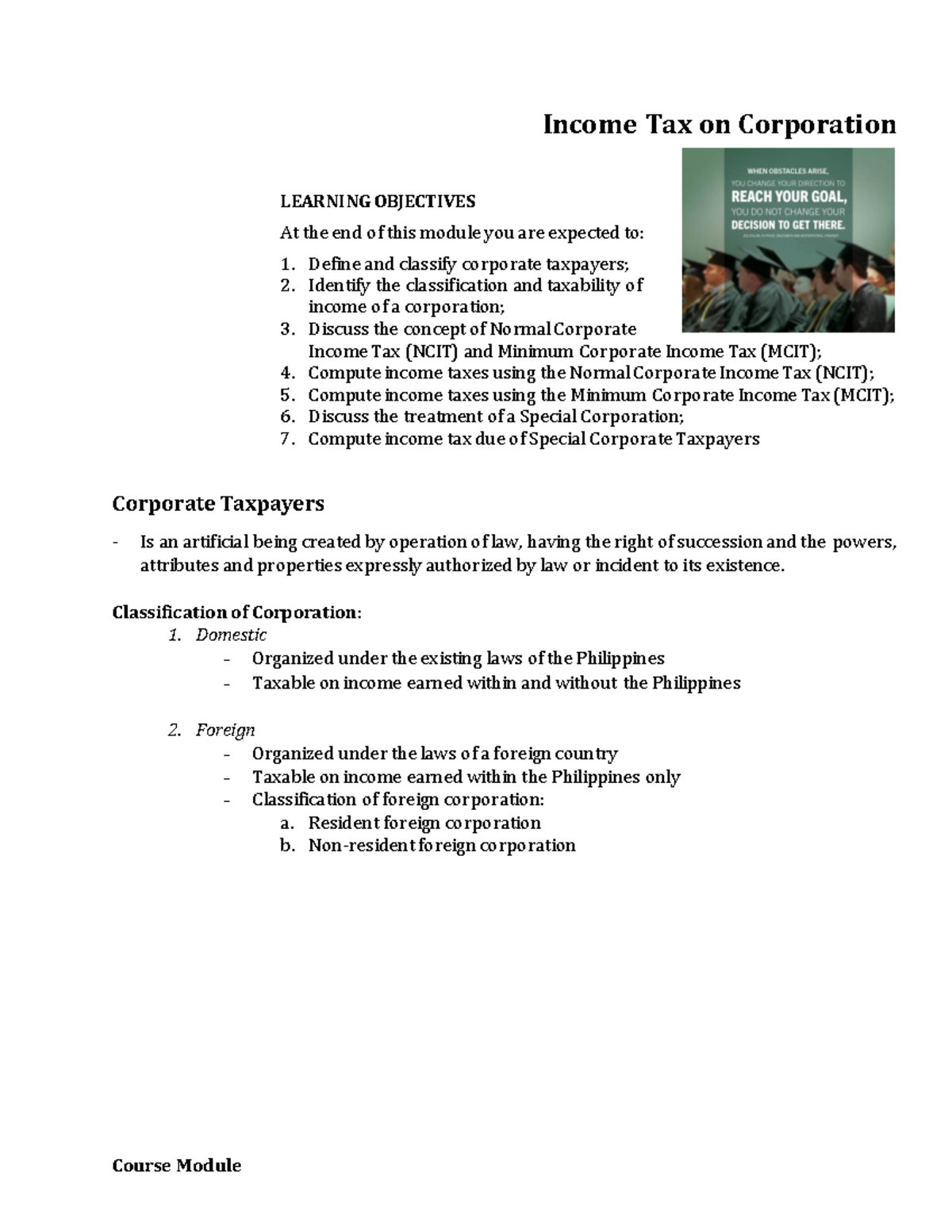 W4-Module Income Tax on Corporation - Course Module Income Tax on ...