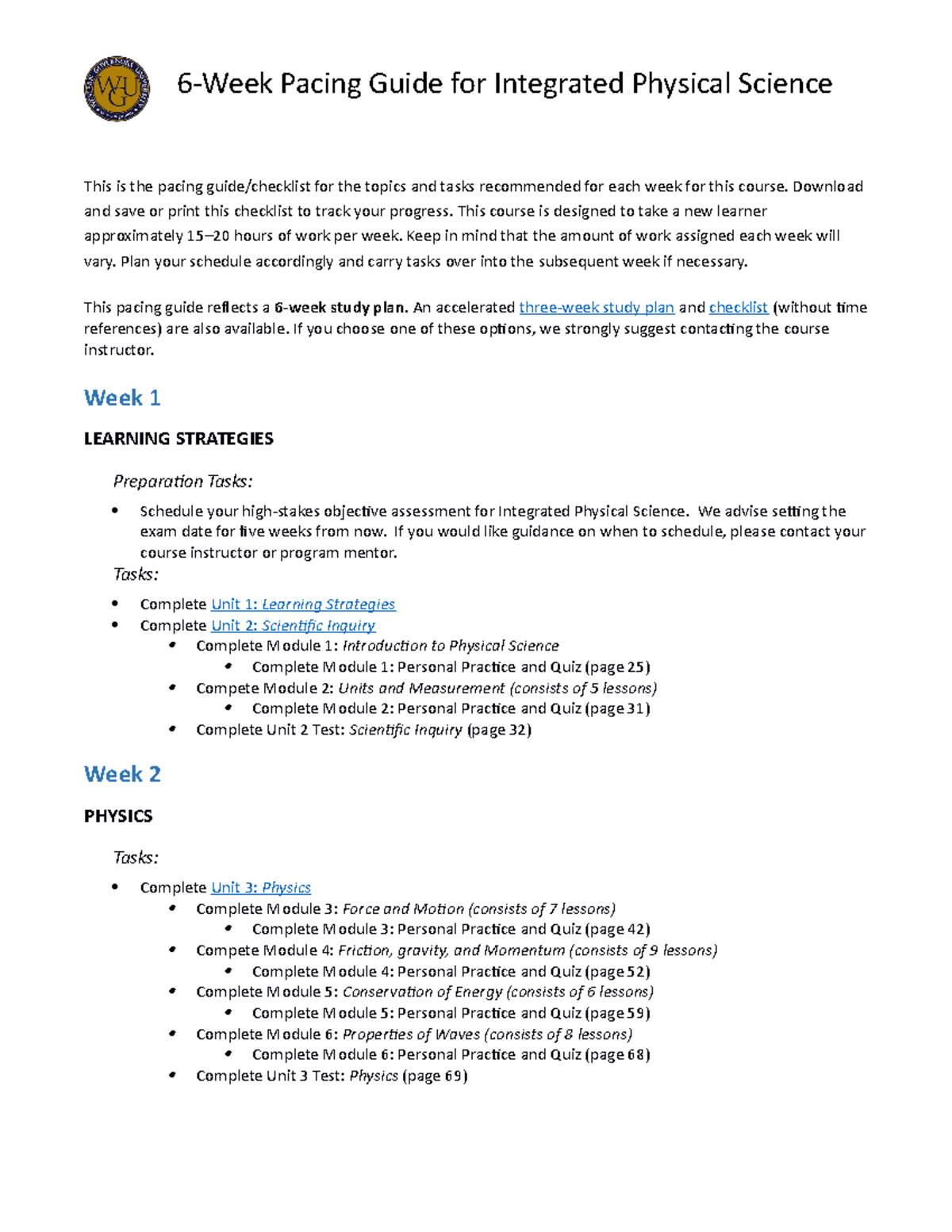 C165 pacingguide 6week - C160 - WGU - Studocu