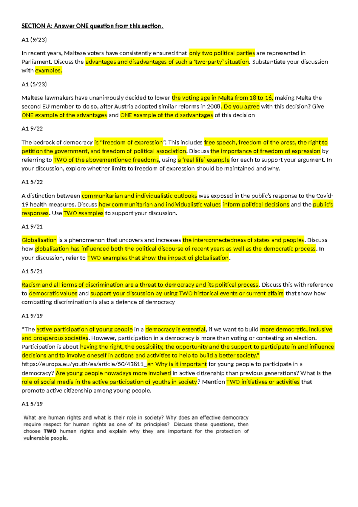 SOK EXAM Q - Summary of Past Exam Questions - SECTION A: Answer ONE ...